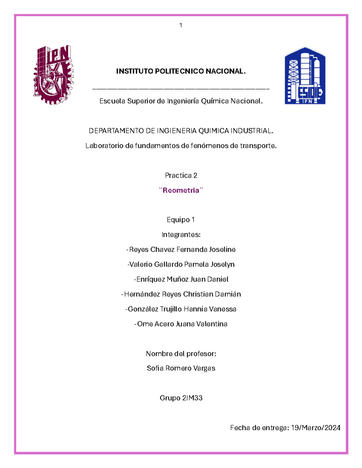 Práctica Reometria - Reometría - INSTITUTO POLITECNICO NACIONAL. - Studocu