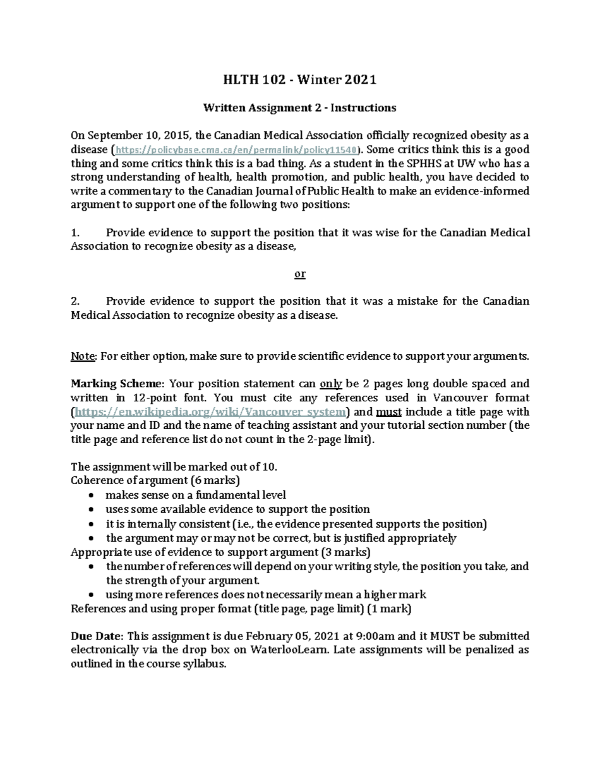 HLTH 102 Written Assignment 2 Instructions - HLTH 102 - Winter 2021 Written Assignment 2 - - Studocu