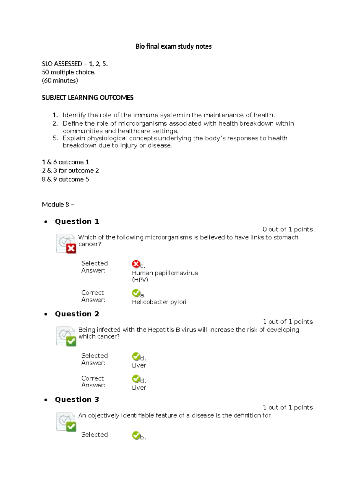Bio final exam study notes - 50 multiple choice. (60 minutes) SUBJECT ...