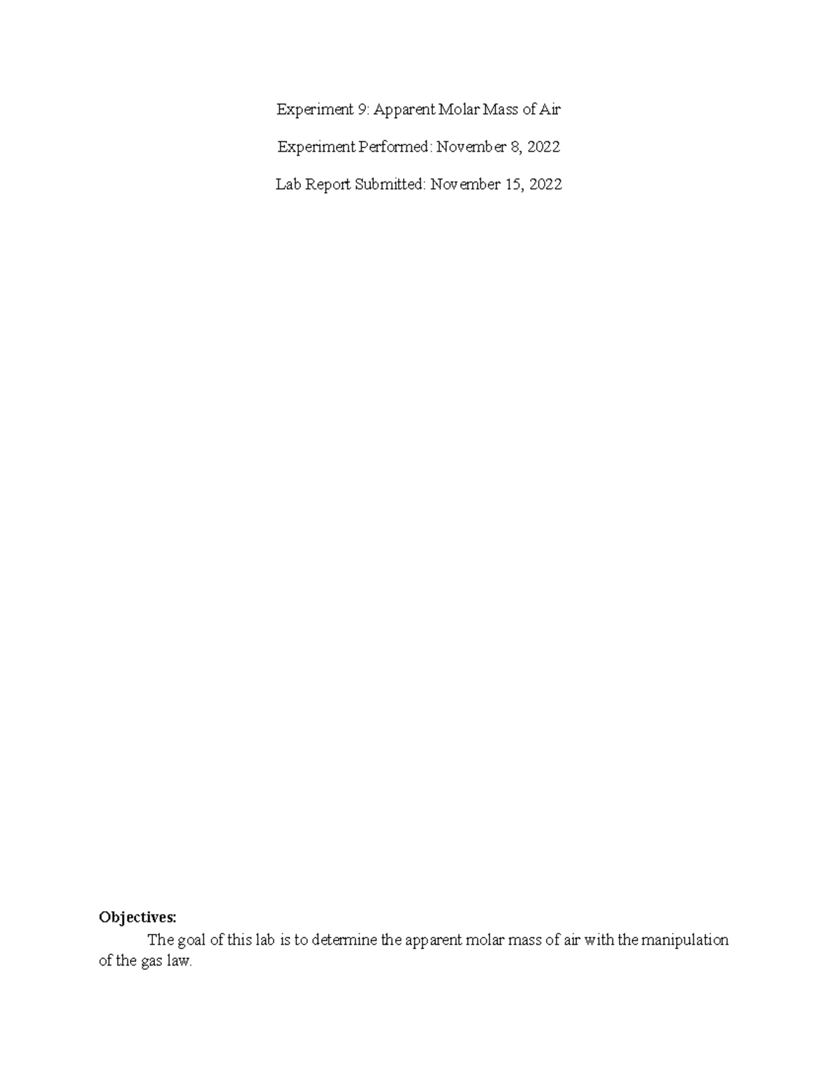 Apparent Molar Mass of Air Lab Report - Experiment 9: Apparent Molar ...
