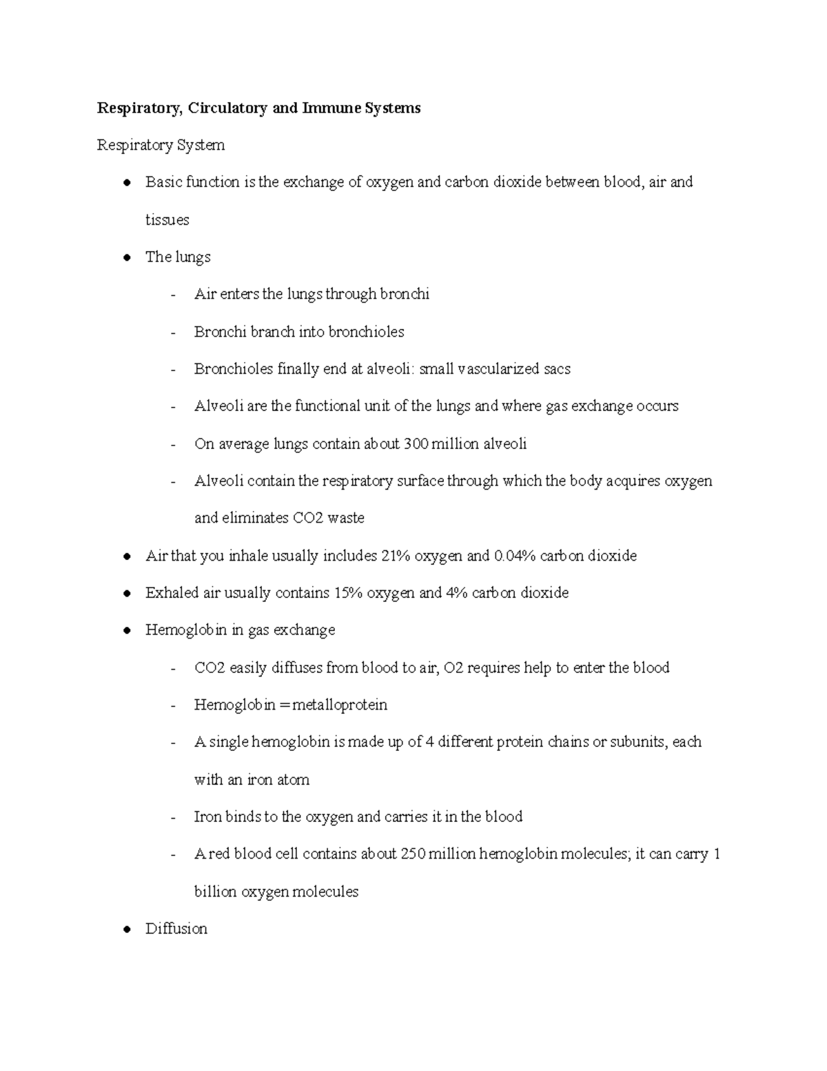Biology Respiratory, Circulatory, and Immune Systems Lecture Notes ...