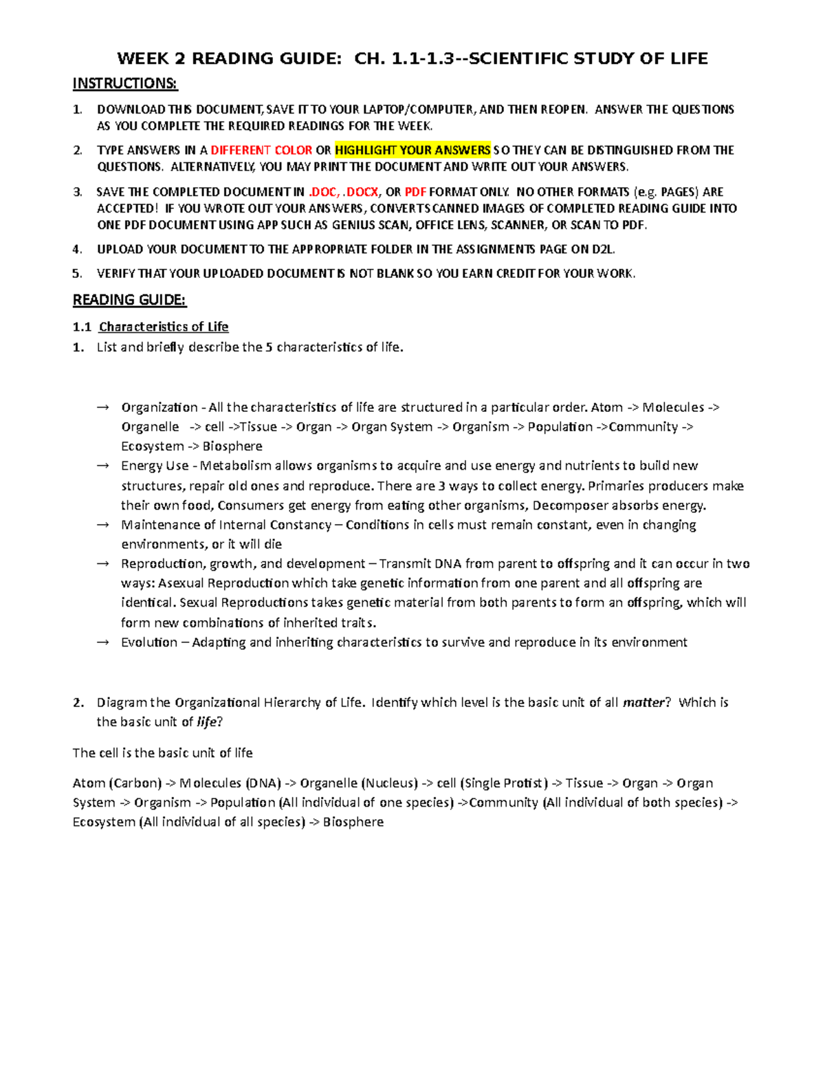 Reading Guide-CH. 1.1-1.3 THE Scientific Study OF LIFE - WEEK 2 READING ...