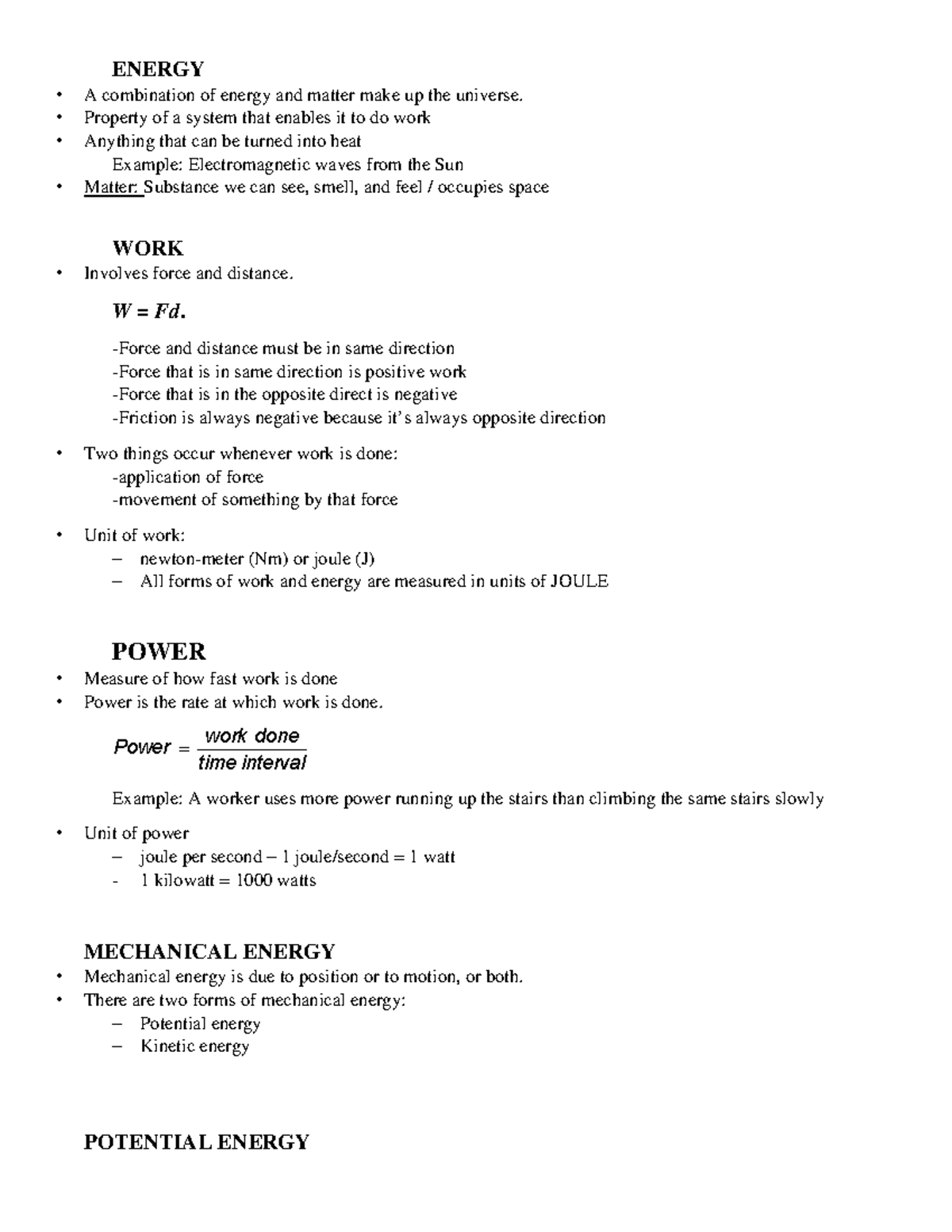 Phy111 chapter 7 notes - ENERGY A combination of energy and matter make ...