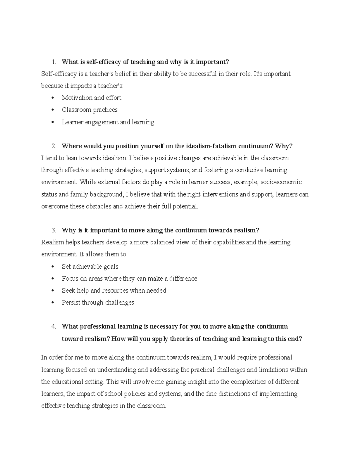 TRPR ICE TASK 1 - Ice task - 1. What is self-efficacy of teaching and ...