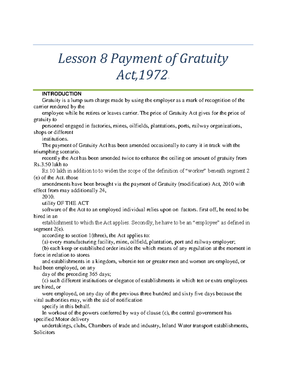 Lesson 8 Payment of Gratuity Act - Lesson 8 Payment of Gratuity Act ...