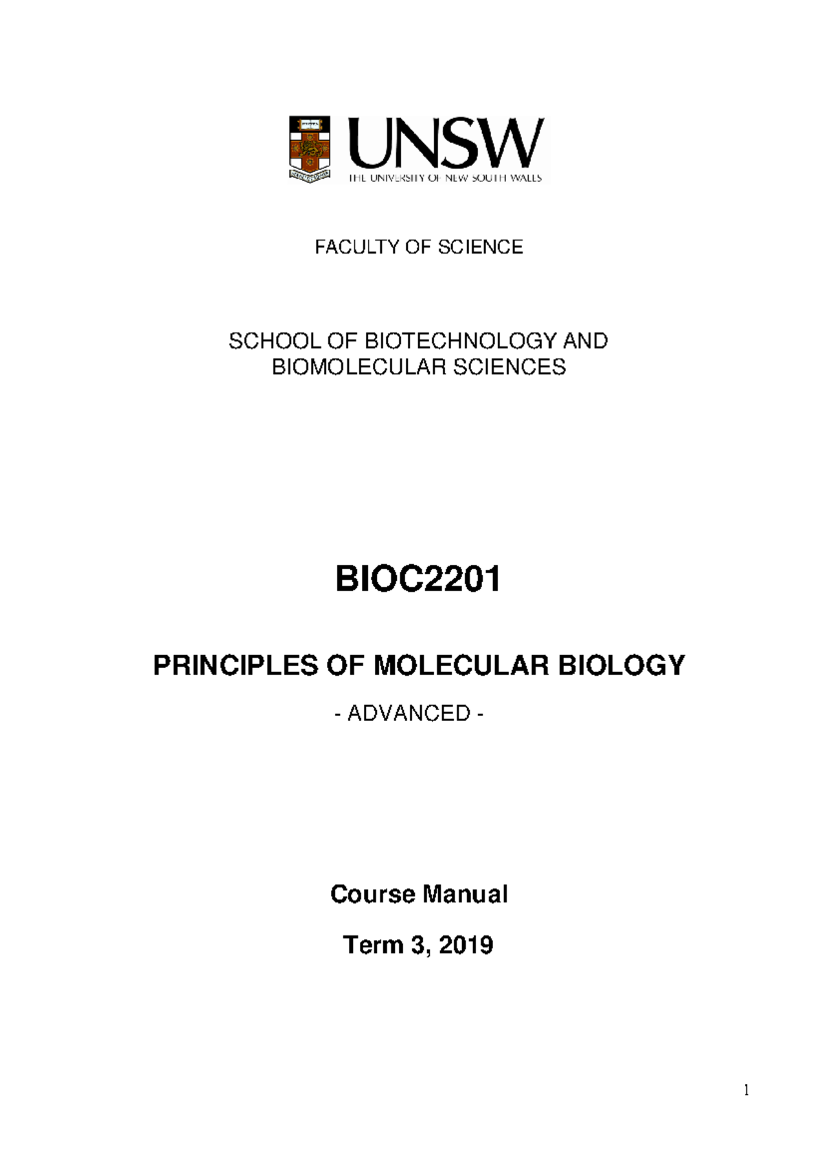 BIOC2201 Course Manual 2019 Course Outline - FACULTY OF SCIENCE SCHOOL ...