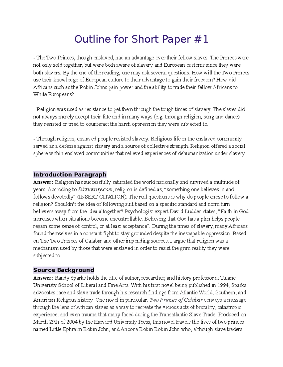 Outline for Short Paper #1 Two Princes of Calabar Write-Up - Outline ...