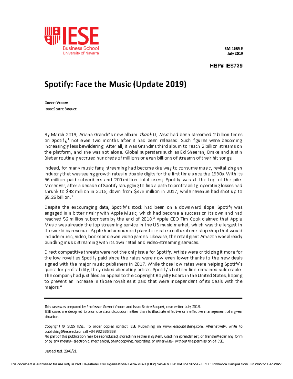 Spotify- Case - case study - SM-1685-E July 2019 HBP# IES Spotify: Face ...