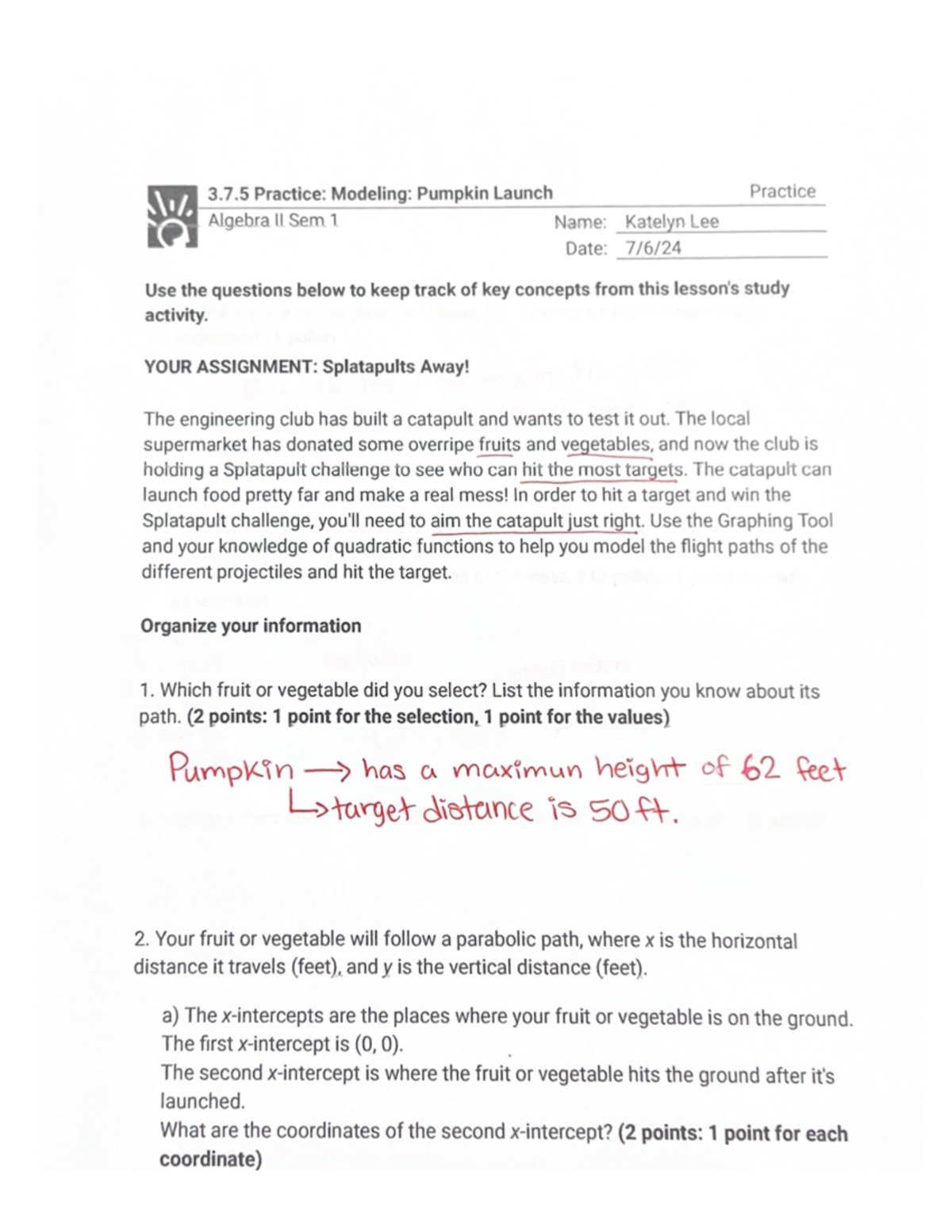 3.7.5 Practice: Modeling: Pumpkin Launch - 3.7 Practice: Modeling ...