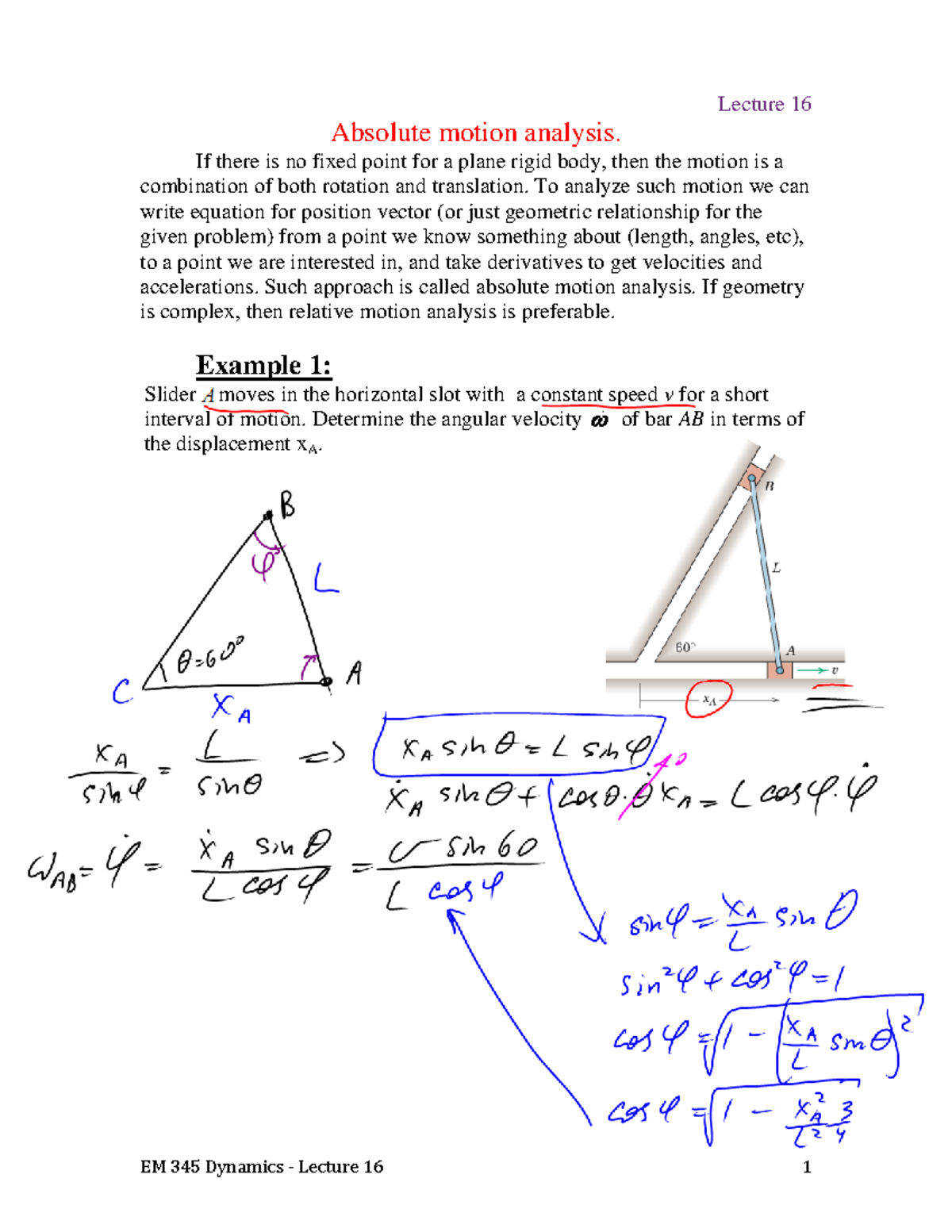 L16 - Lecture notes 16 - Lecture 16 Absolute motion analysis. If there ...