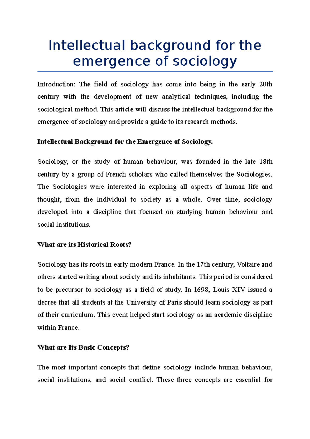 Intellectual background for the emergence of sociology - Intellectual ...