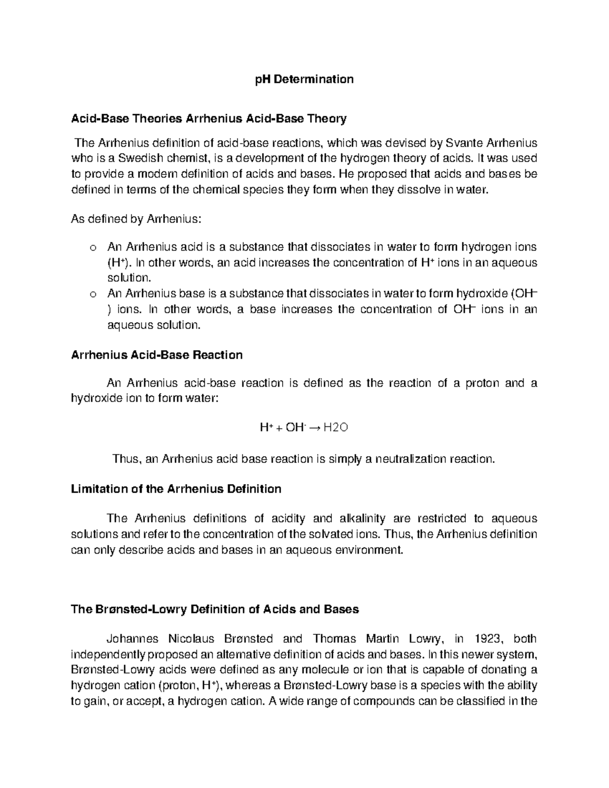 P H Determination Outline - pH Determination Acid-Base Theories ...