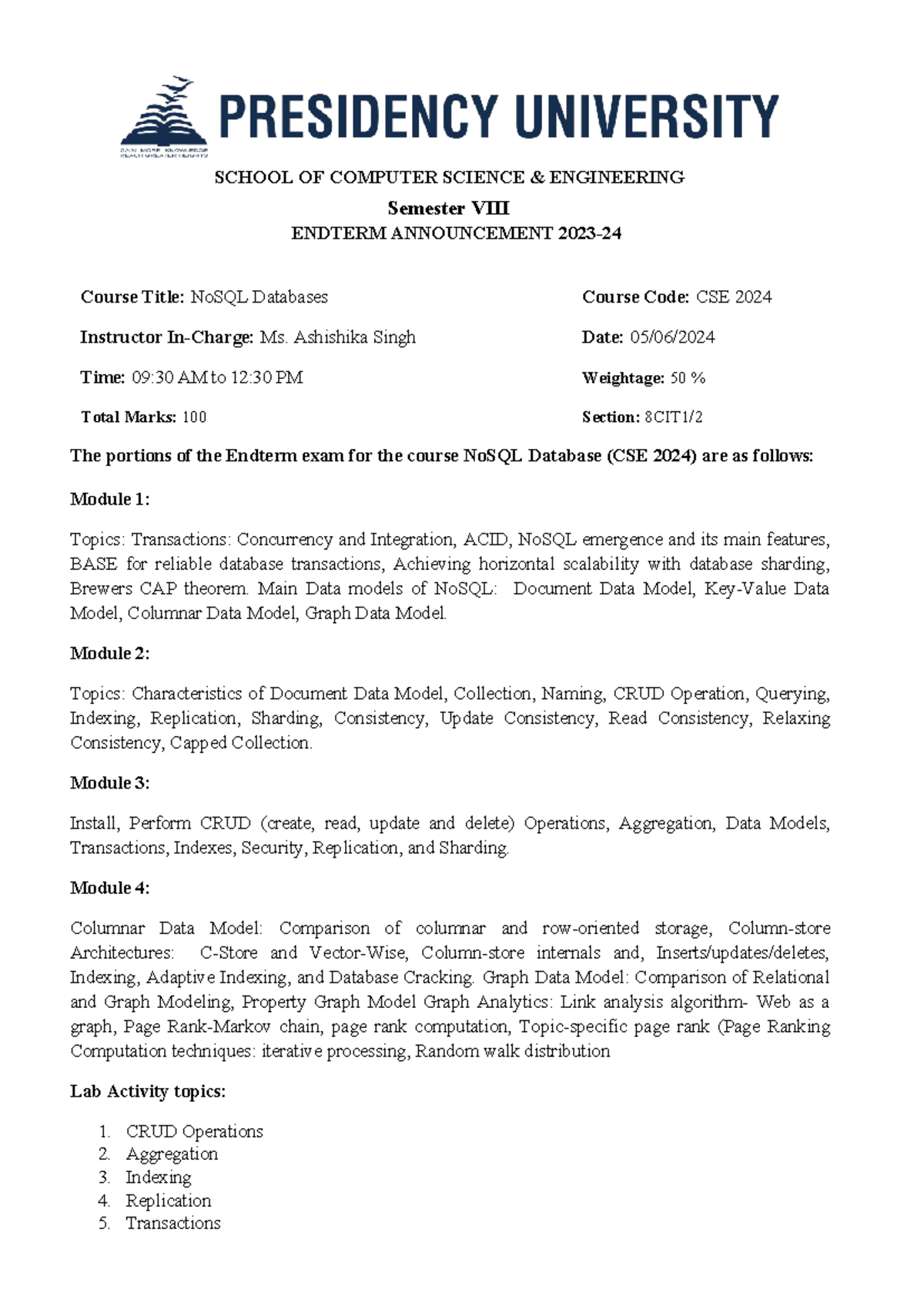 CSE2024 No SQL Endterm Announcement - SCHOOL OF COMPUTER SCIENCE ...