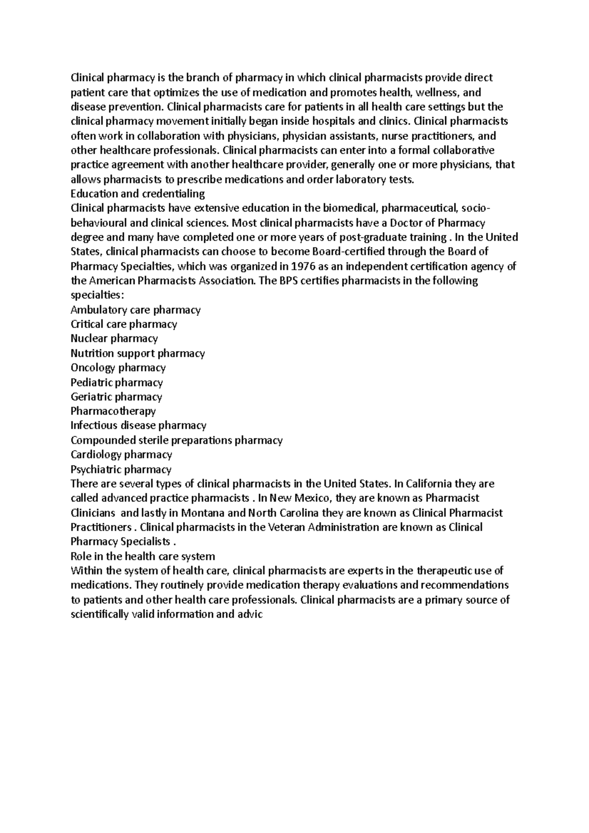 Clinical pharmacy - Clinical pharmacists care for patients in all ...