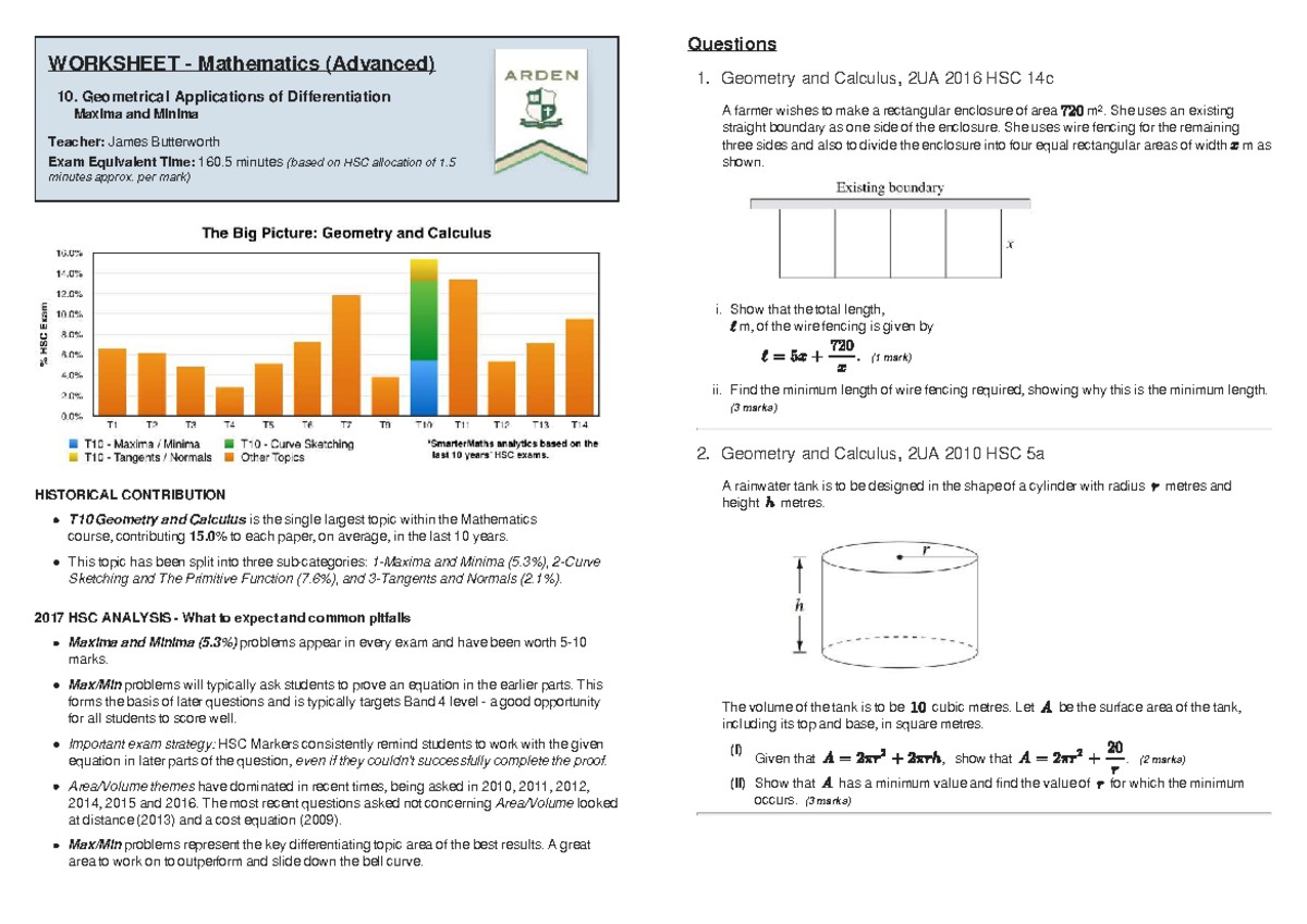 2019 MA Maxima and Minima Worksheet HSC Questions w solutions ...