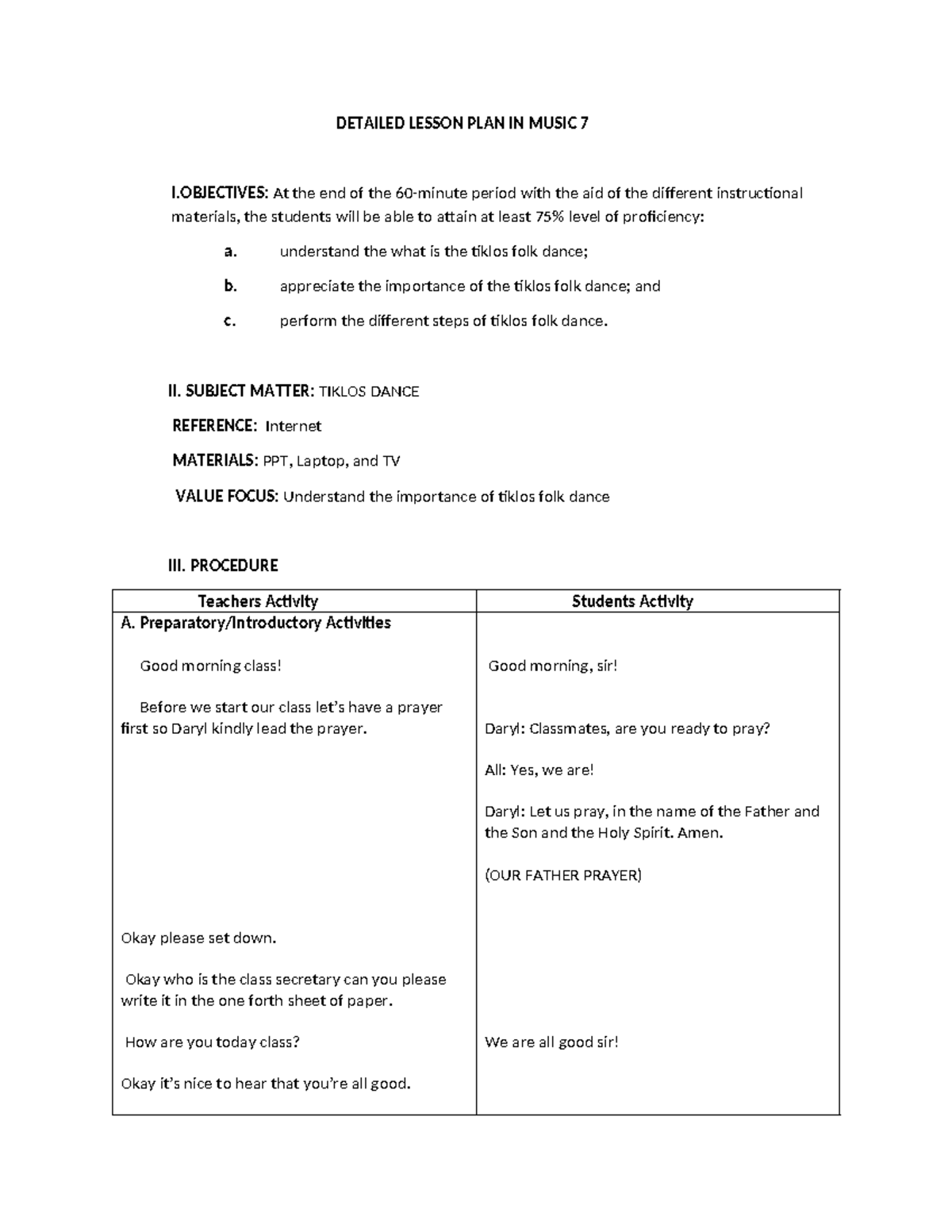 Detailed Lesson PLAN IN PE 7 - DETAILED LESSON PLAN IN MUSIC 7 I: At ...
