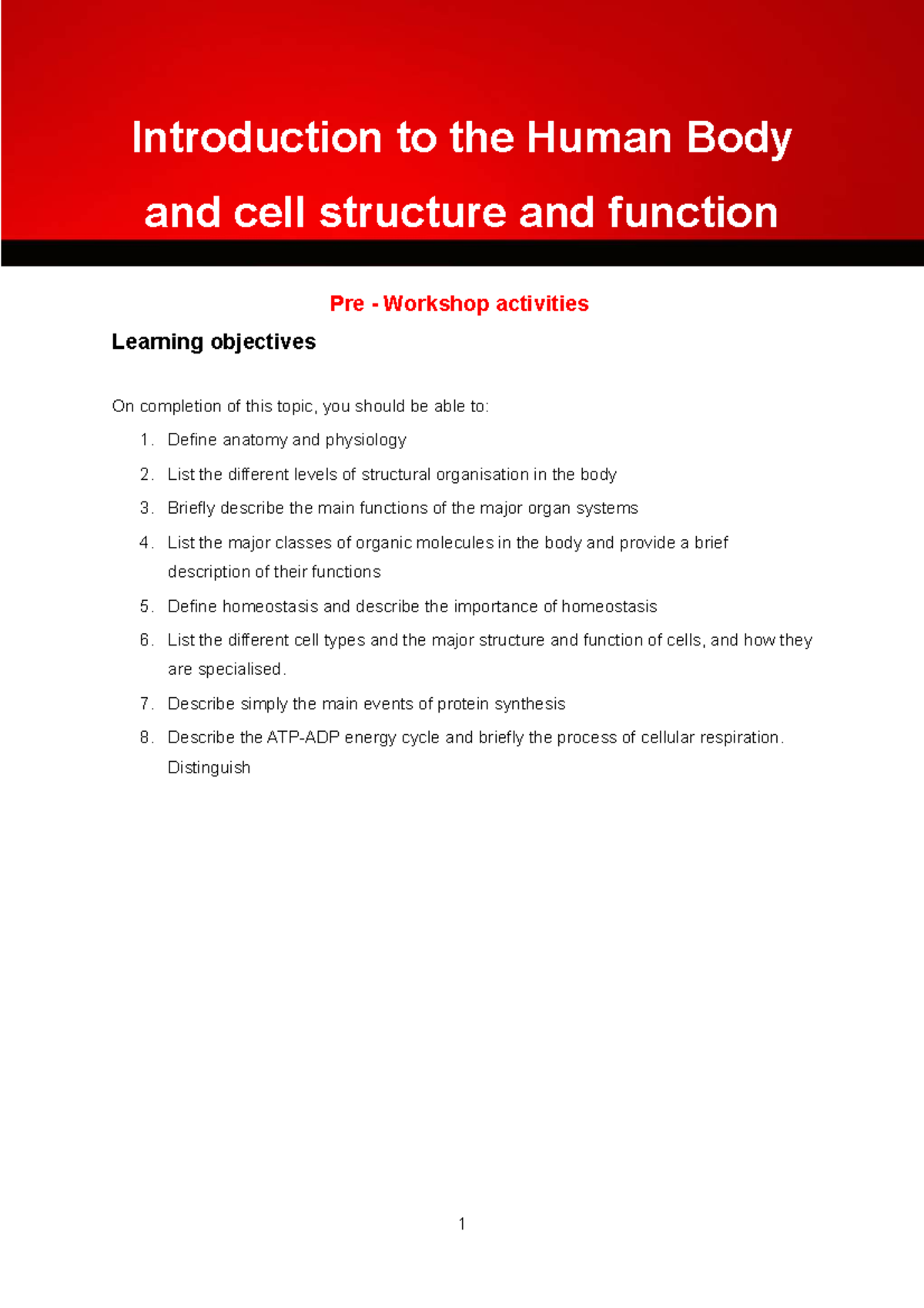 Workshop 1 - introduction to the human body and cell structure and ...