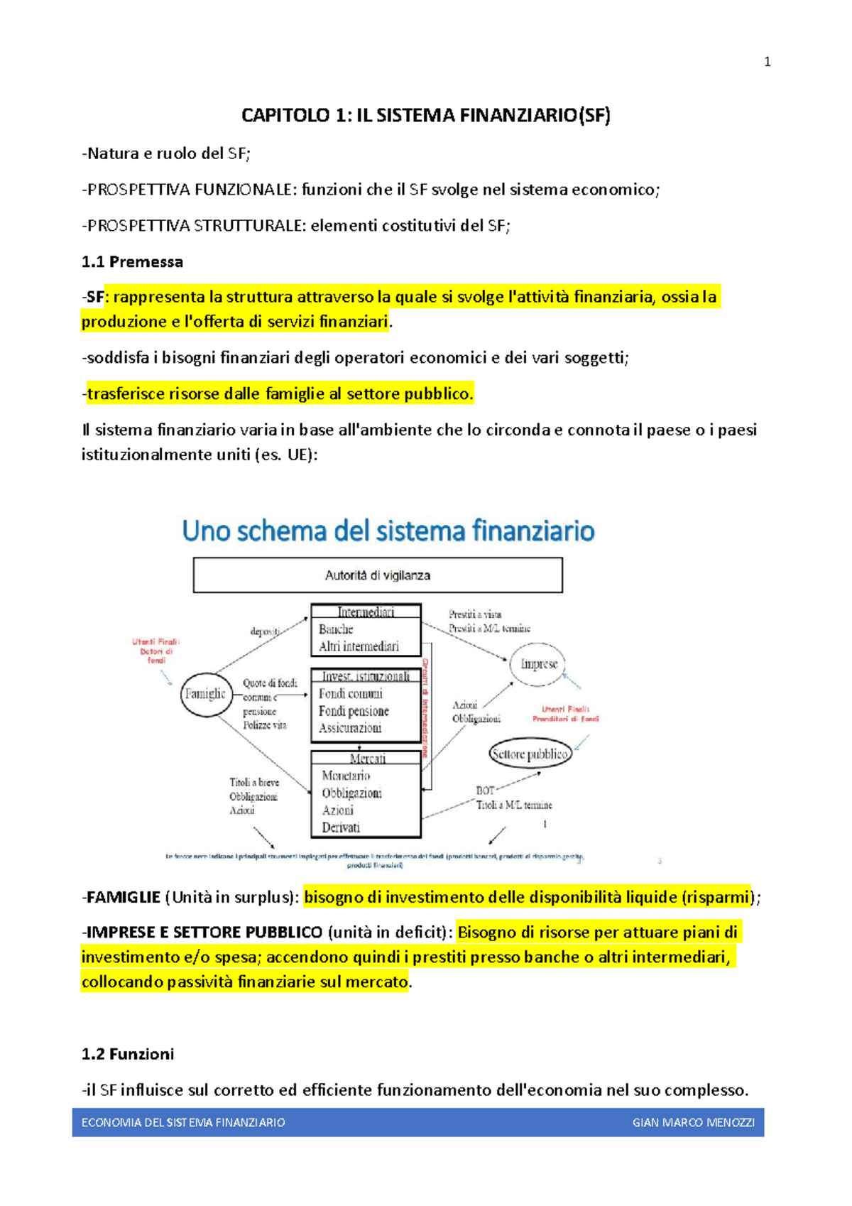 riassunto parziale Economia del Sistema Finanziario - CAPITOLO 1: IL ...