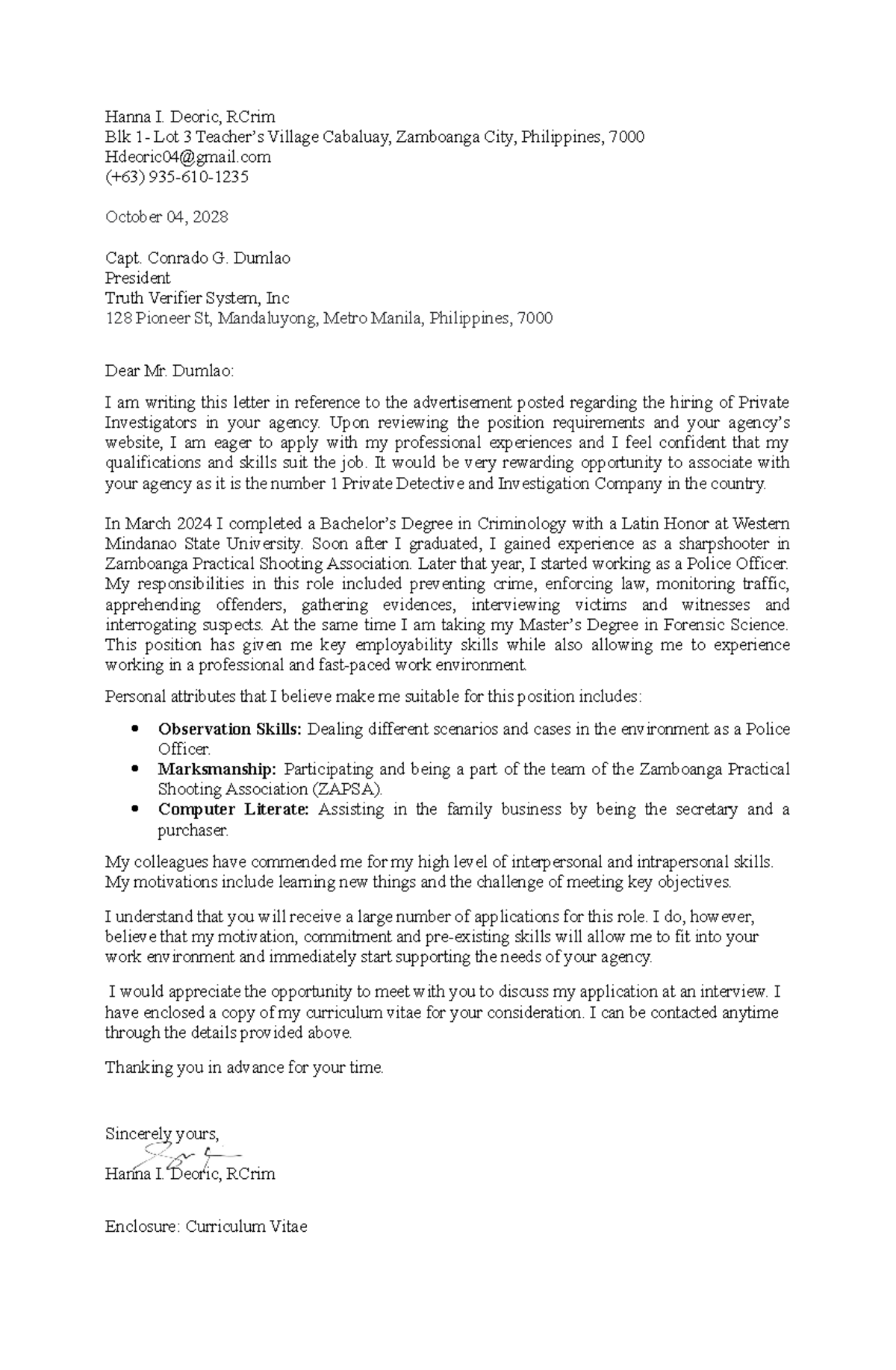 - Cover Letter docx - Hanna I. Deoric, RCrim Blk 1- Lot 3 Teacher’s ...