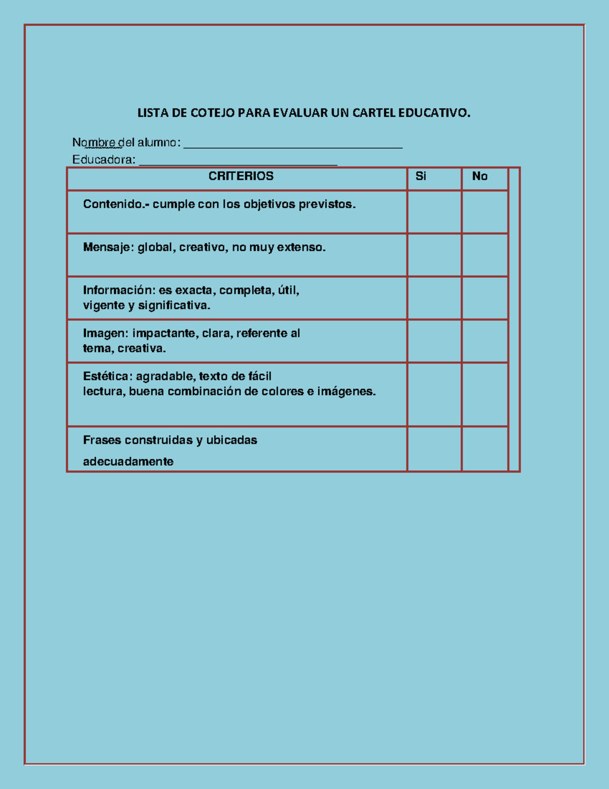 Cartel - LISTA DE COTEJO PARA EVALUAR UN CARTEL EDUCATIVO. Nombre del ...