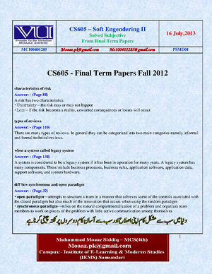 CS605 Solved MCQs Final TERM BY Junaid - CS605-Software Engineering-II (Solved Macq’s) LECTURE ...