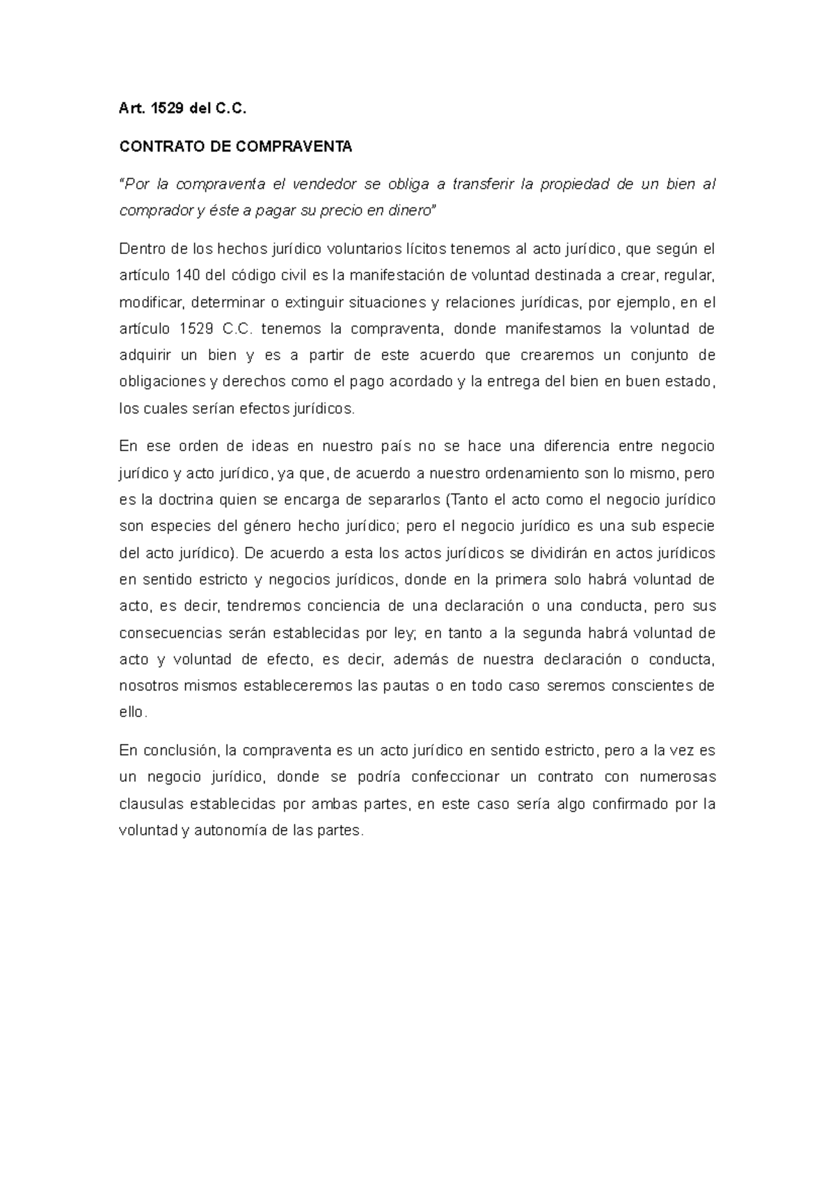 Art. 1529 - Art. 1529 - Art. 1529 del C. CONTRATO DE COMPRAVENTA “Por ...
