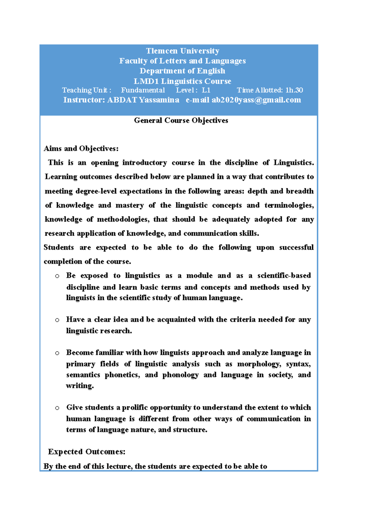 Course ONE WHAT IS Linguistics - Tlemcen University Faculty of Letters ...