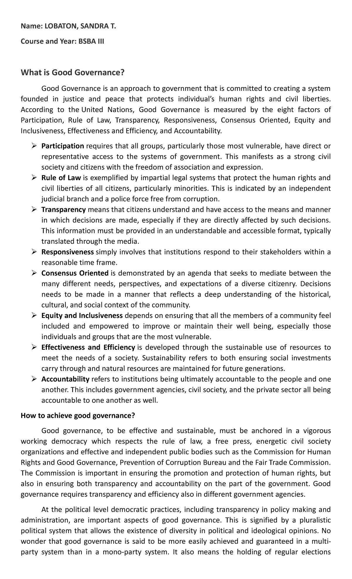 Good Governance Social Responsibility - Name: LOBATON, SANDRA T. Course ...