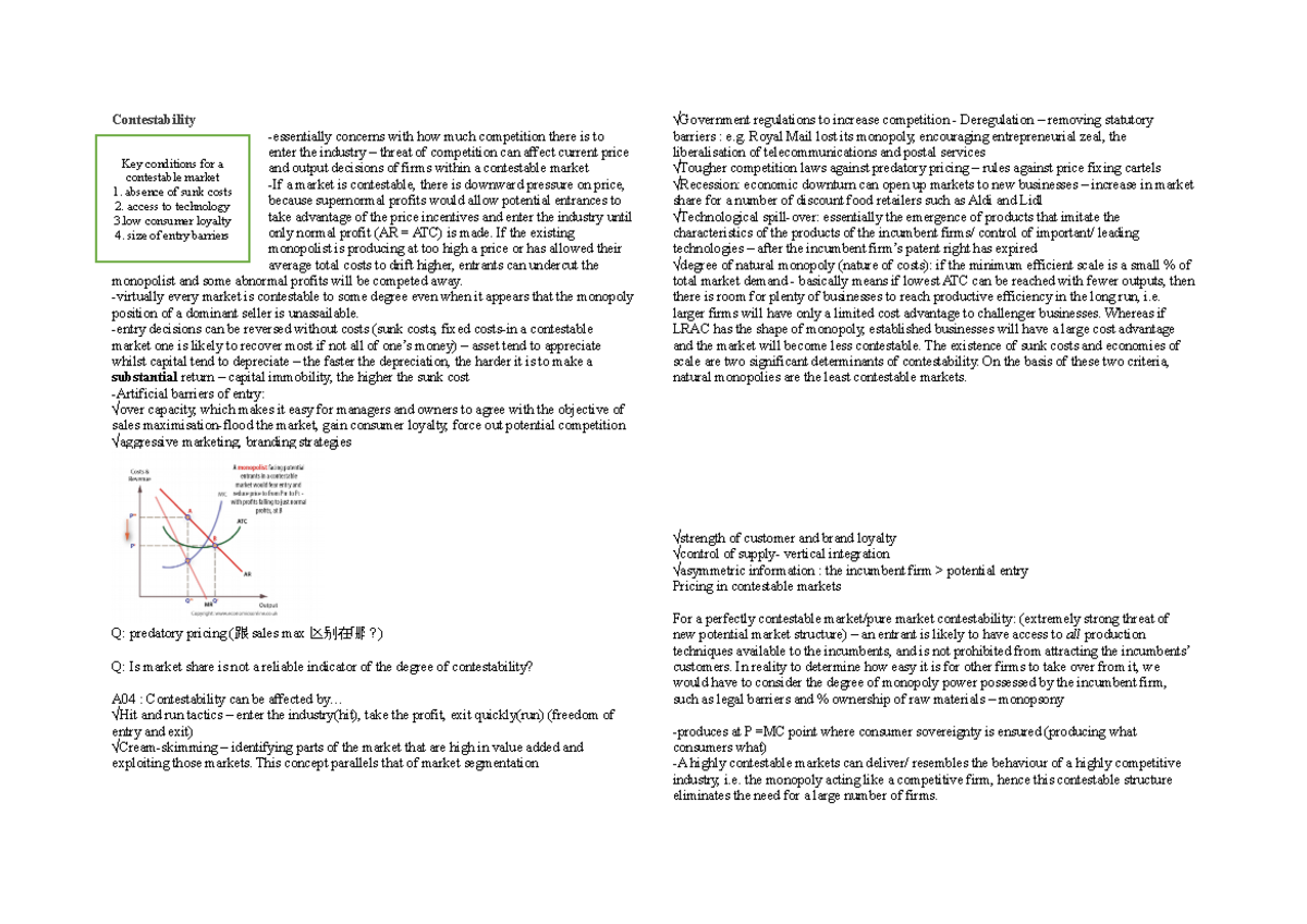 Contestability A level notes - Contestability -essentially concerns ...
