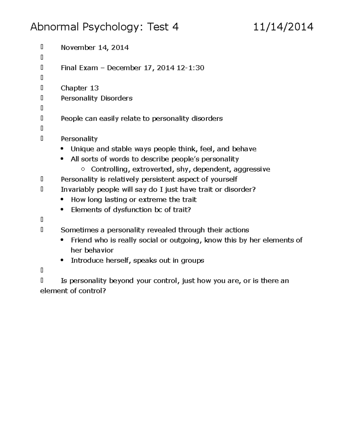 Abnormal Psych: Test 4 notes - Abnormal Psychology: Test 4 11/14/2014 ...
