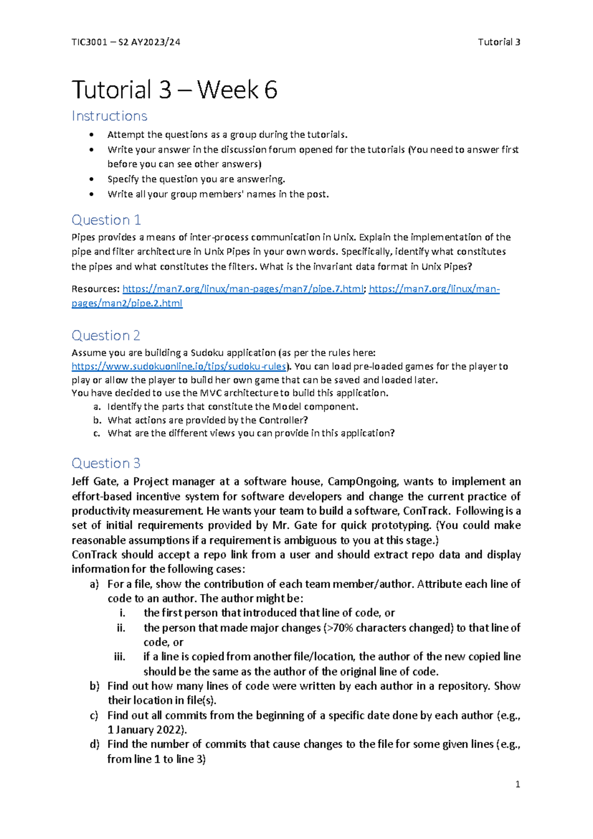 Tutorial-Wk6 - Tutorial - TIC3001 – S2 AY2023/24 Tutorial 3 1 Tutorial 3 – Week 6 Instructions ...