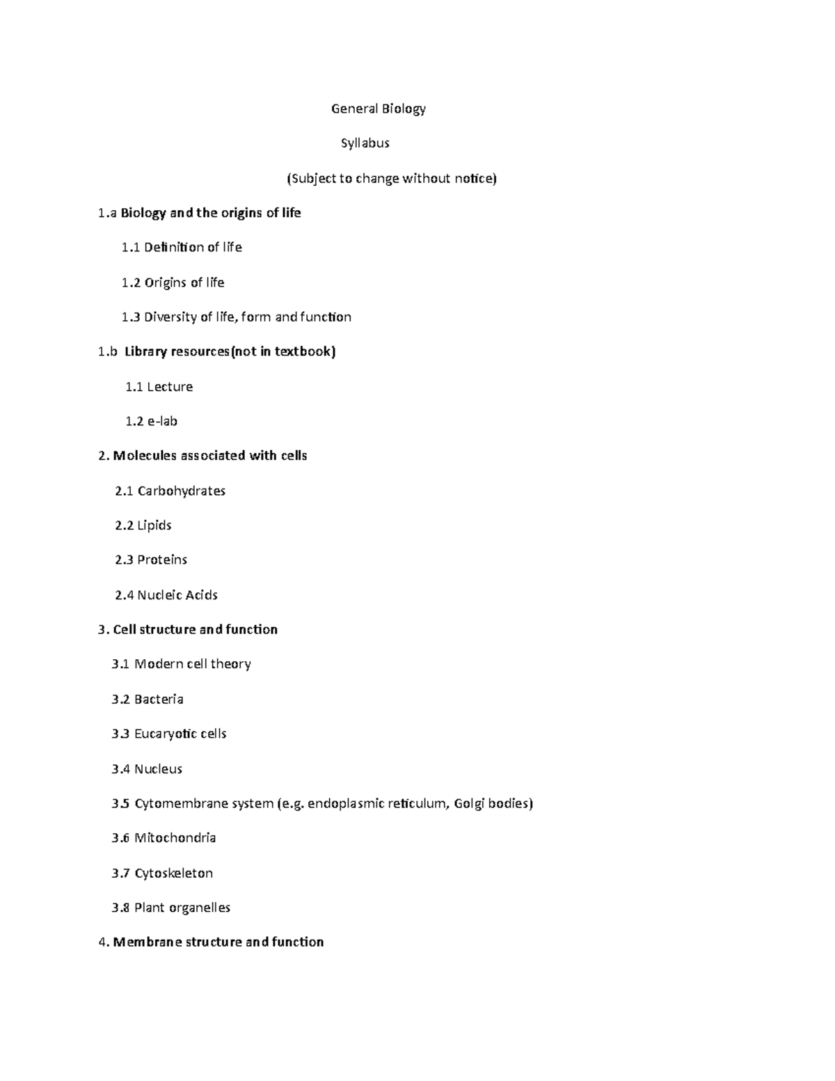 General Biology Syllabus - General Biology Syllabus (Subject to change ...