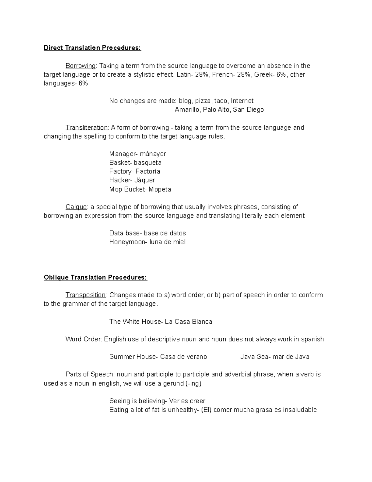 Translation Procedure Notes - Direct Translation Procedures: Borrowing ...