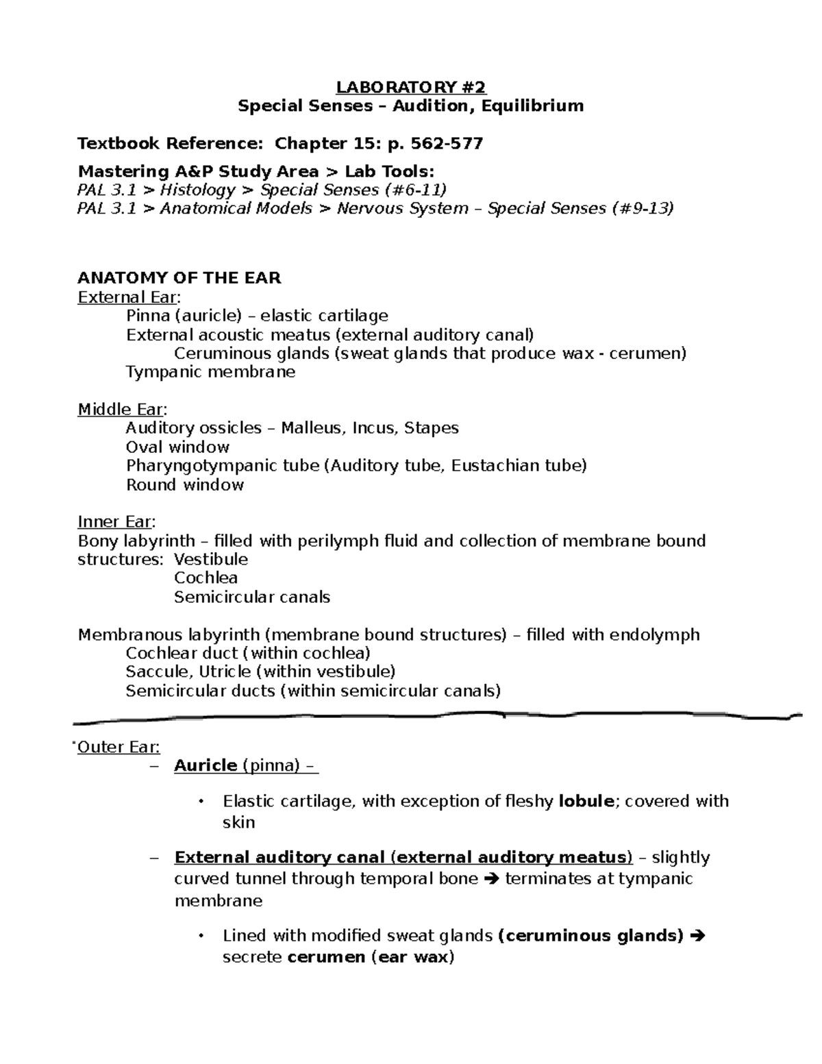 Biology 125 Lab #2 Audition and Equilibrium - LABORATORY Special Senses ...