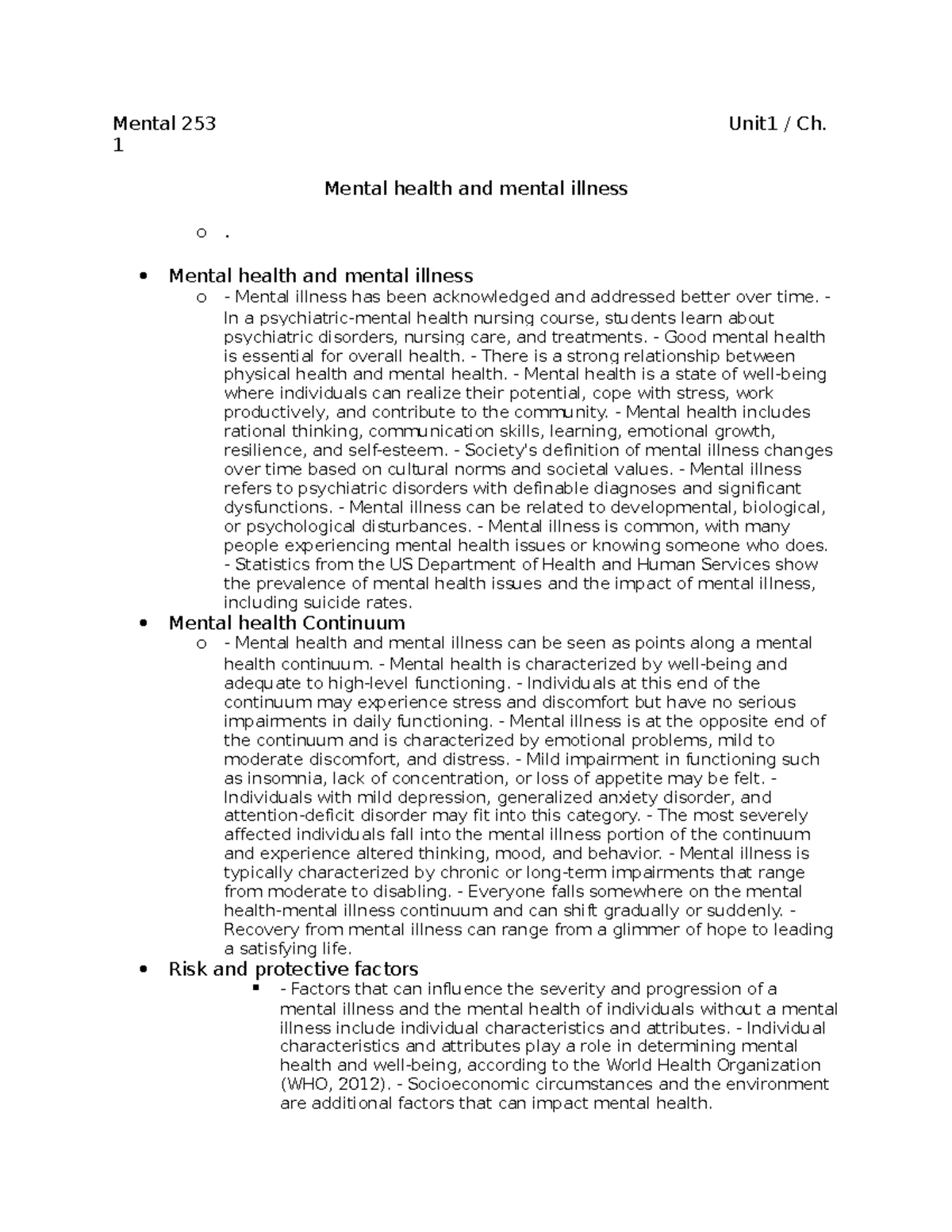 Mental 253 ch 1 - Mental 253 Unit1 / Ch. 1 Mental health and mental ...