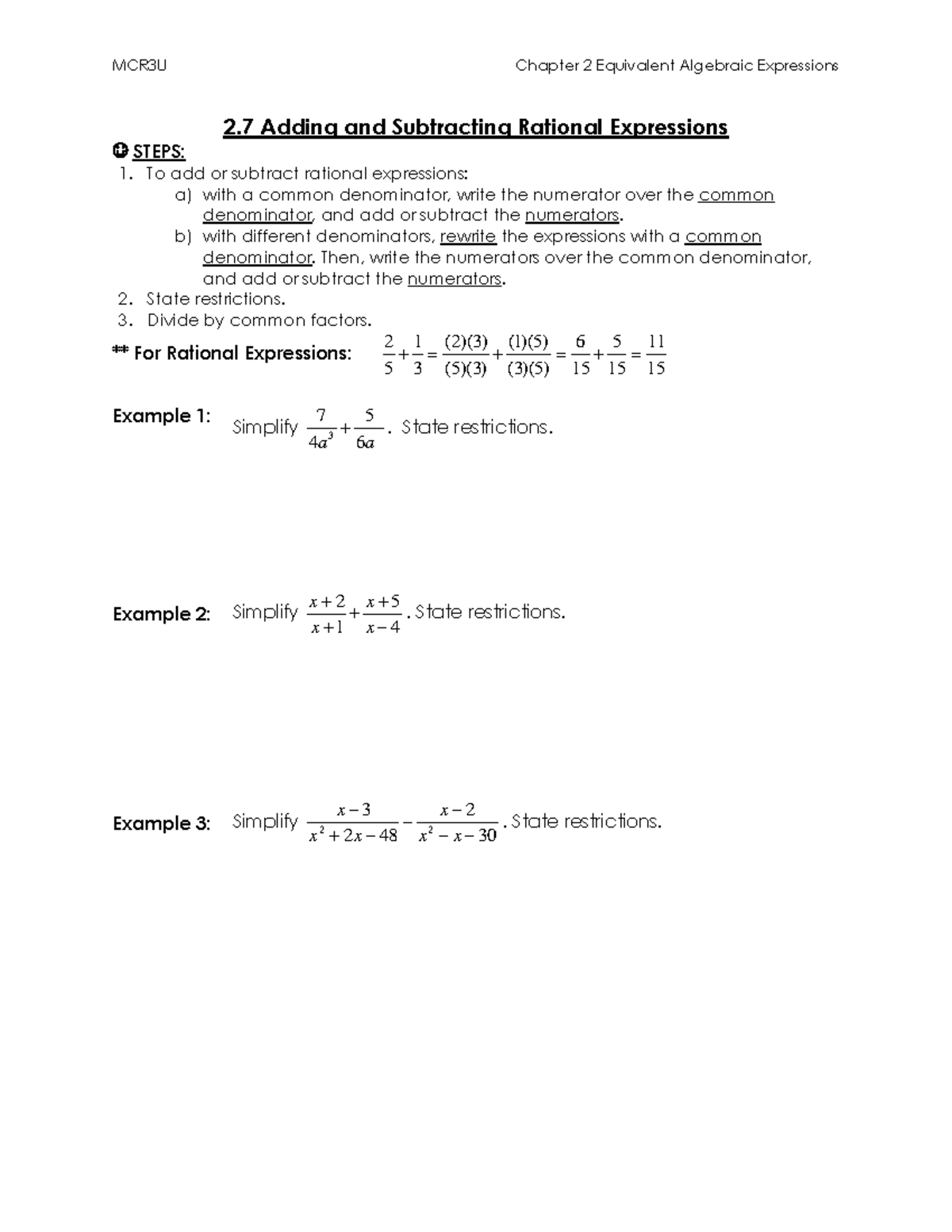 2.7 Adding and Subtracting Rational Expressions (2020) - MCR3U Chapter ...