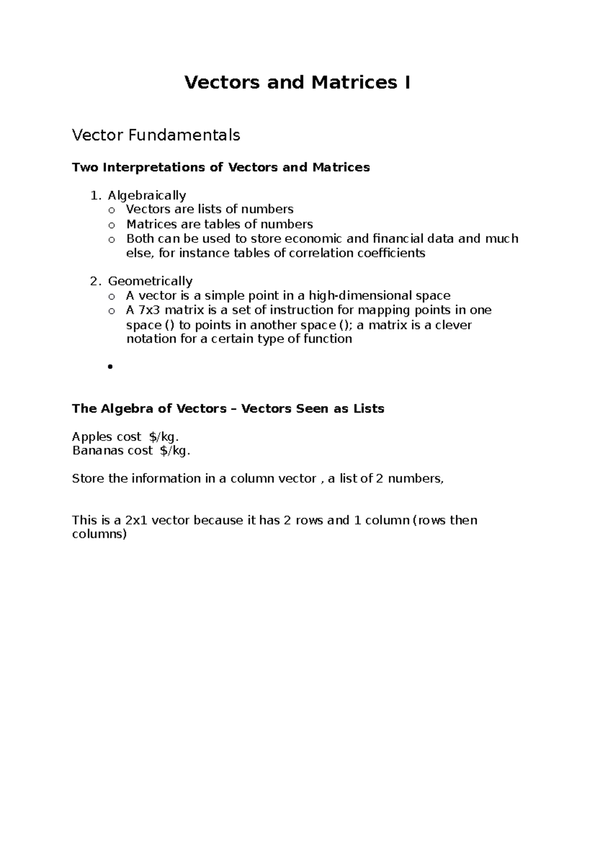 8 Vectors And Matrices I Vectors And Matrices I Vector Fundamentals Two Interpretations Of 