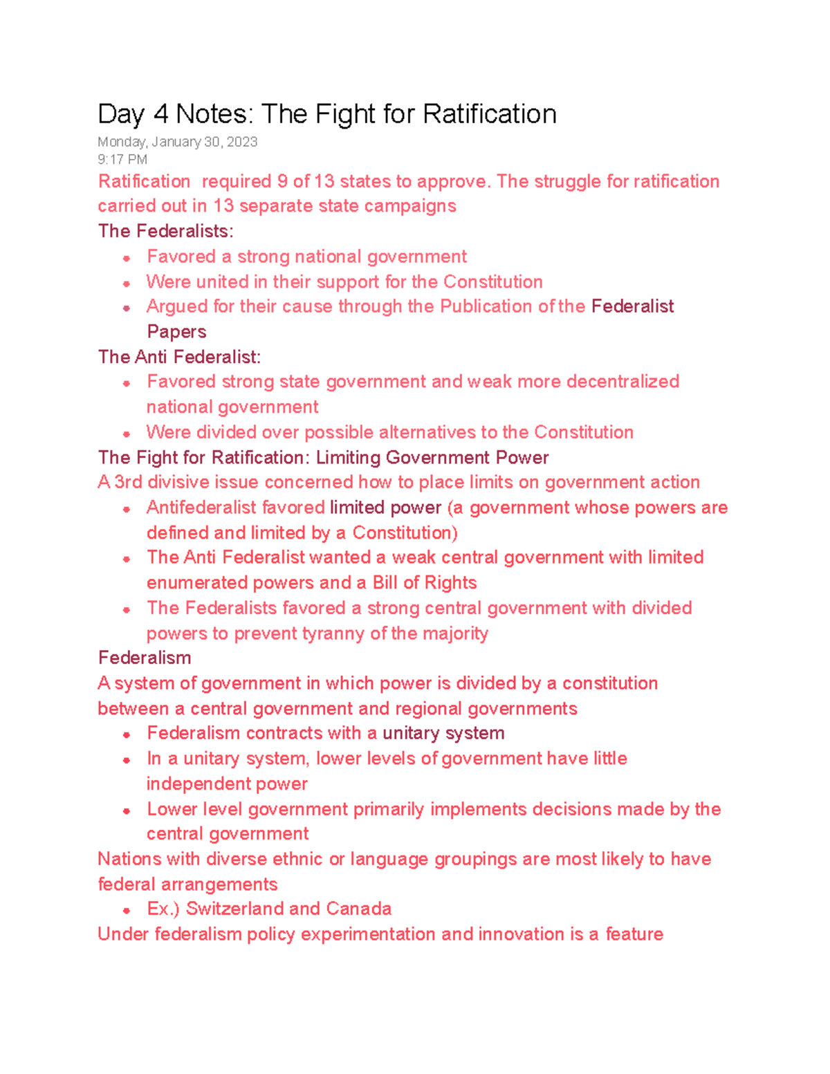 Day 4 Notes The Fight for Ratification - Day 4 Notes: The Fight for ...