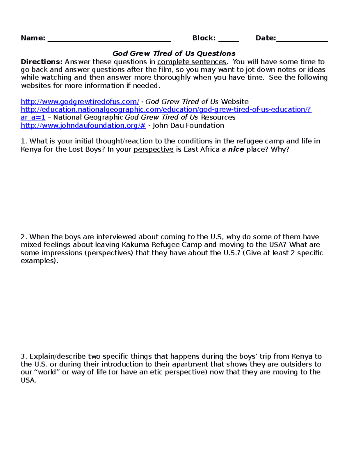 God Grew Tired of Us Questions - Name ...