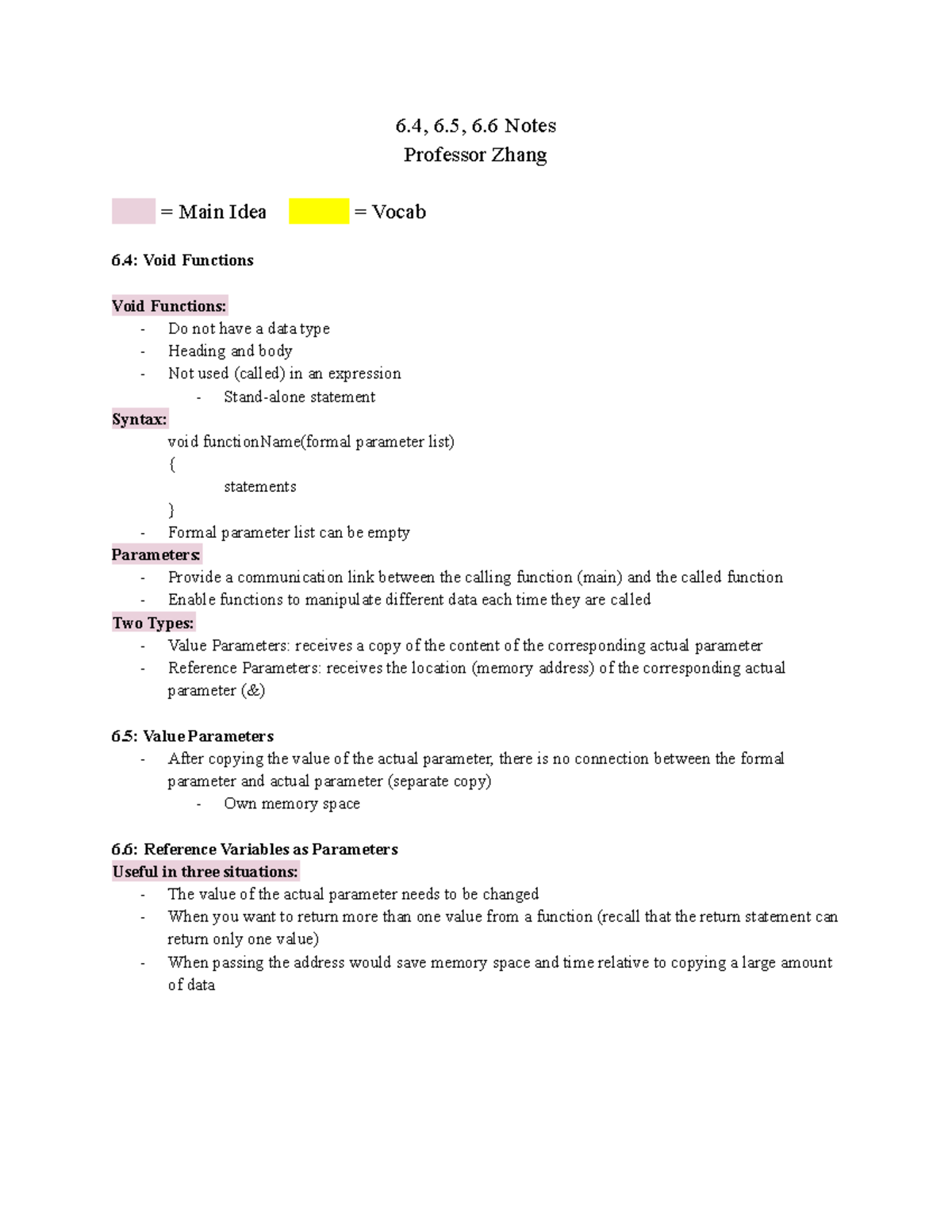 CSC 135 Unit 6.4-6.6 Notes - 6, 6, 6 Notes Professor Zhang = Main Idea ...