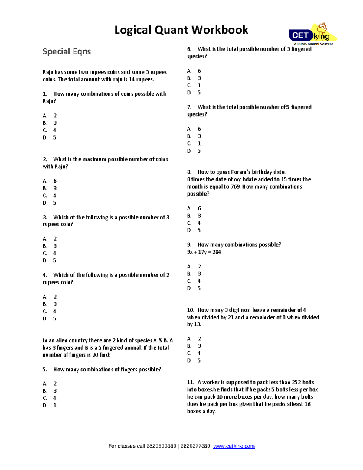 Special Equations level 1 - Logical Quant Workbook For classes call 9820500380 | 9820377380 ...