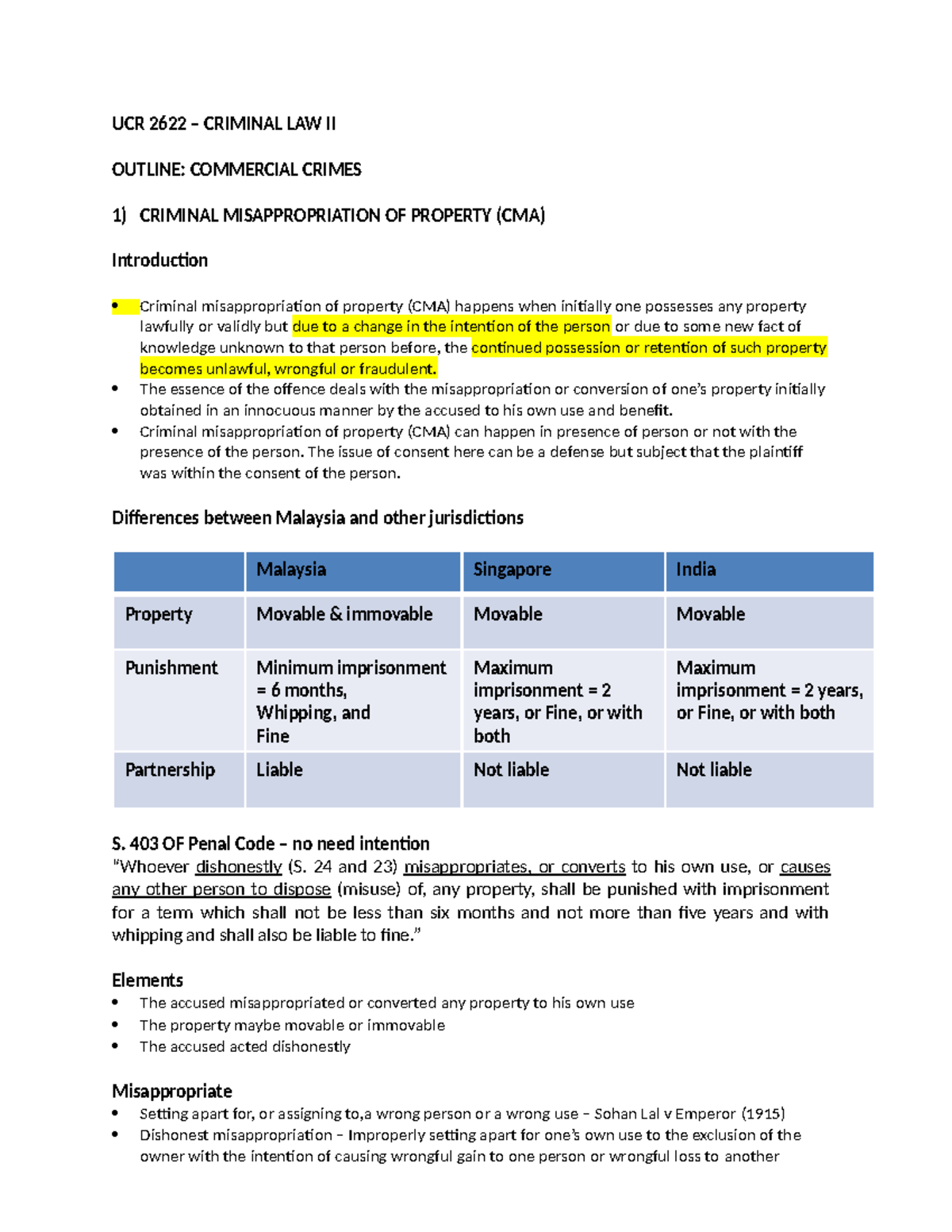Commercial Crimes 1 - UCR 2622 – CRIMINAL LAW II OUTLINE: COMMERCIAL ...