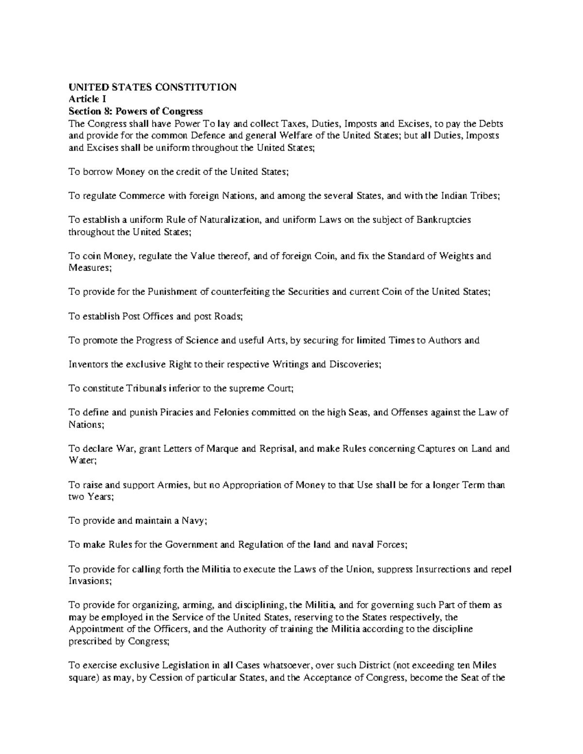 Article I - Notes for Mantooth - UNITED STATES CONSTITUTION Article I ...