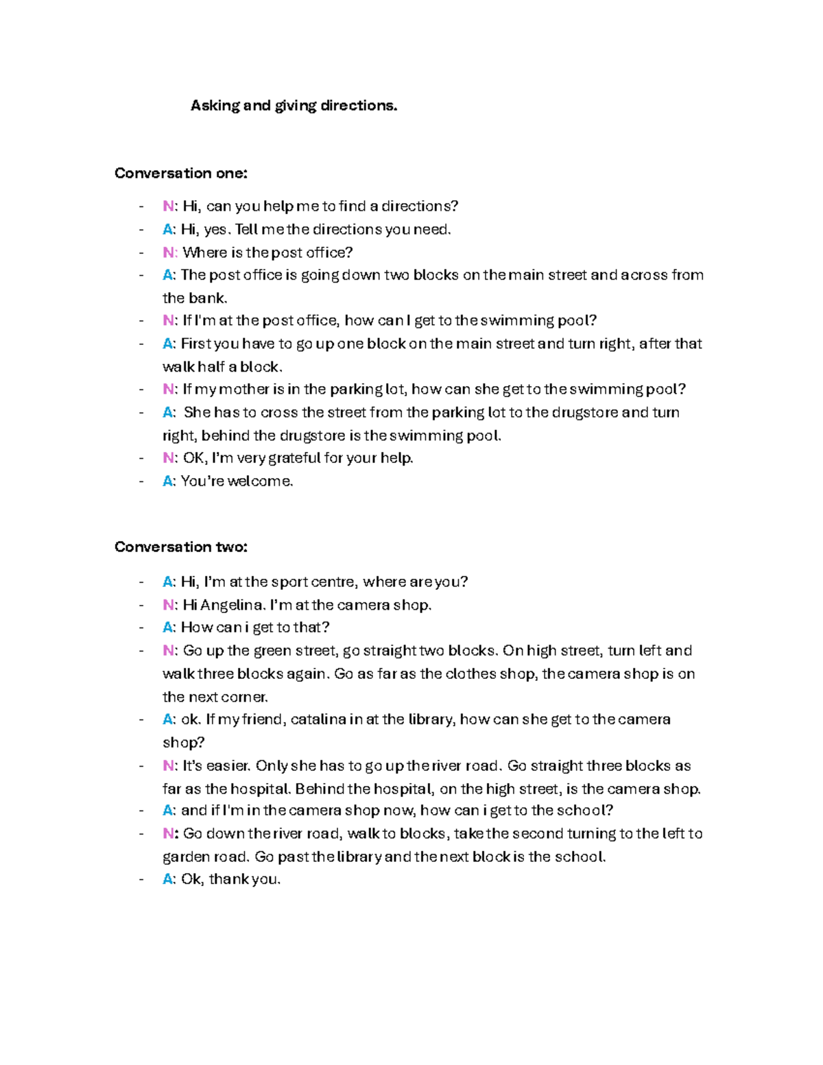 English - Asking and giving directions. Conversation one: N: Hi, can ...