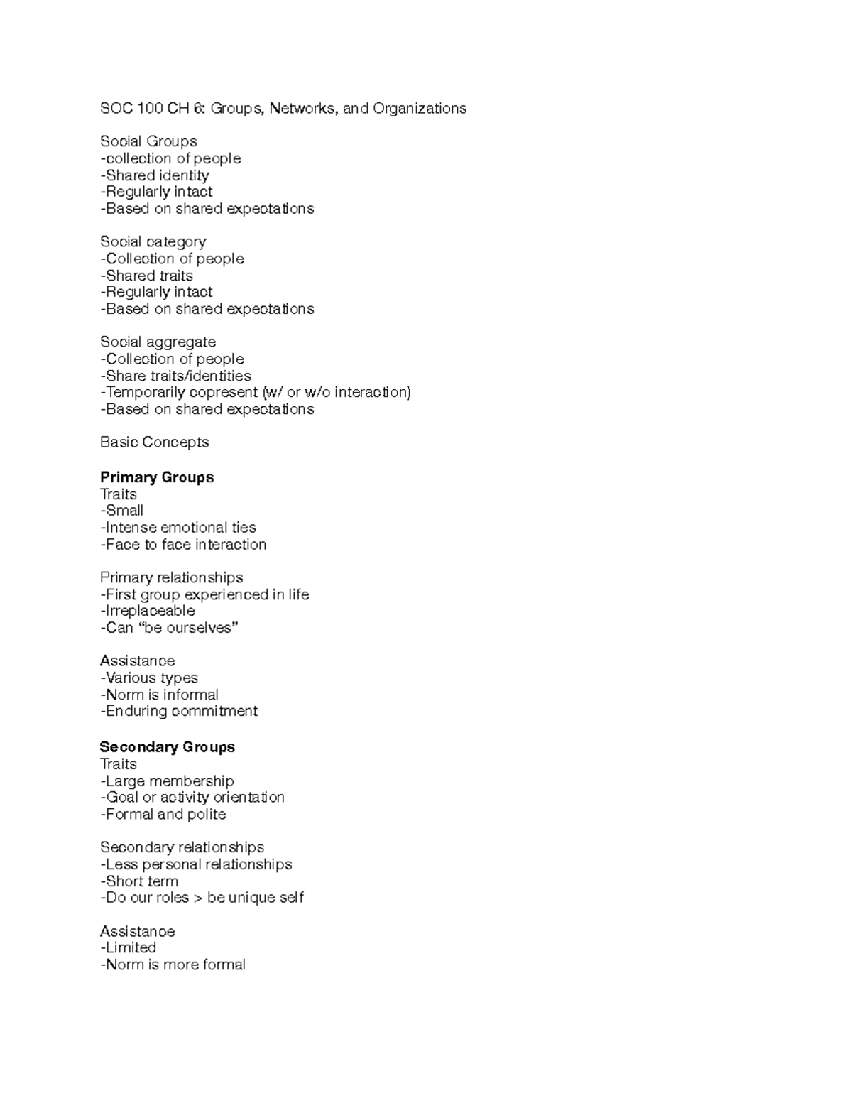 SOC 100 CH 6 - SOC 100 CHAPTER NOTES - SOC 100 CH 6: Groups, Networks ...