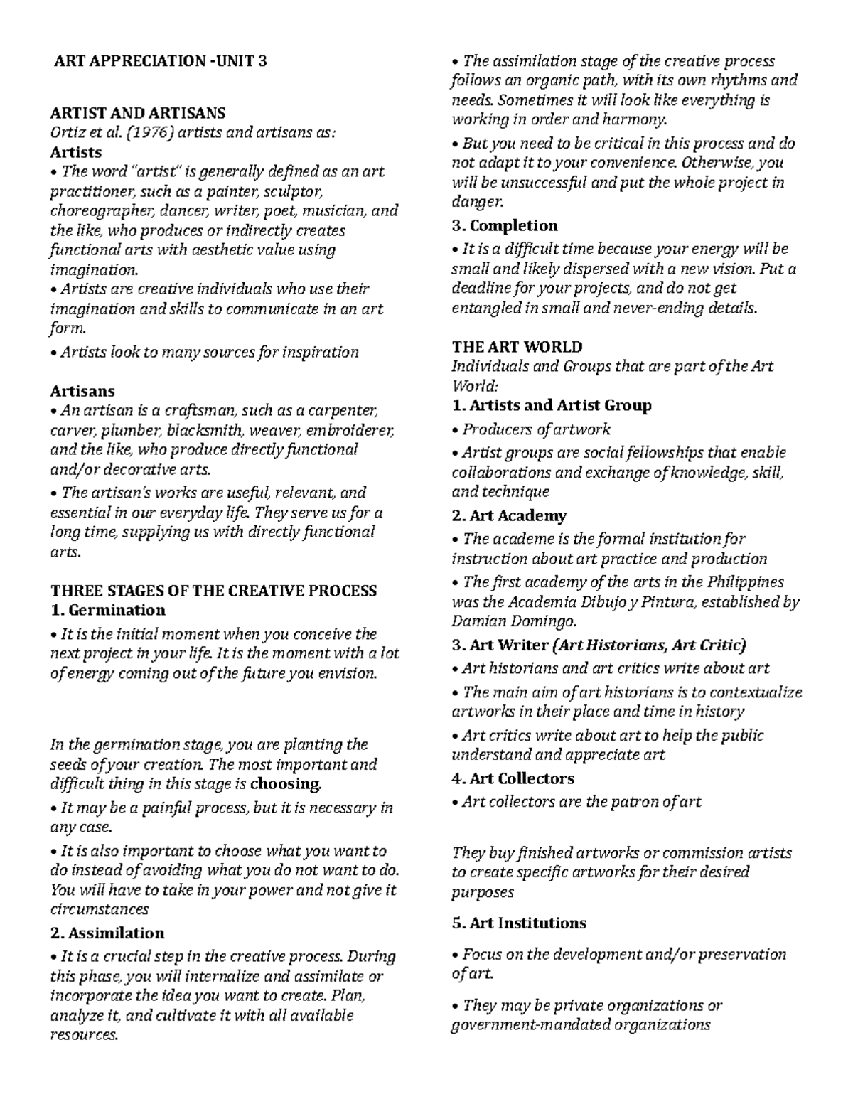 ART Appreciation 3 - ART APPRECIATION -UNIT 3 ARTIST AND ARTISANS Ortiz ...