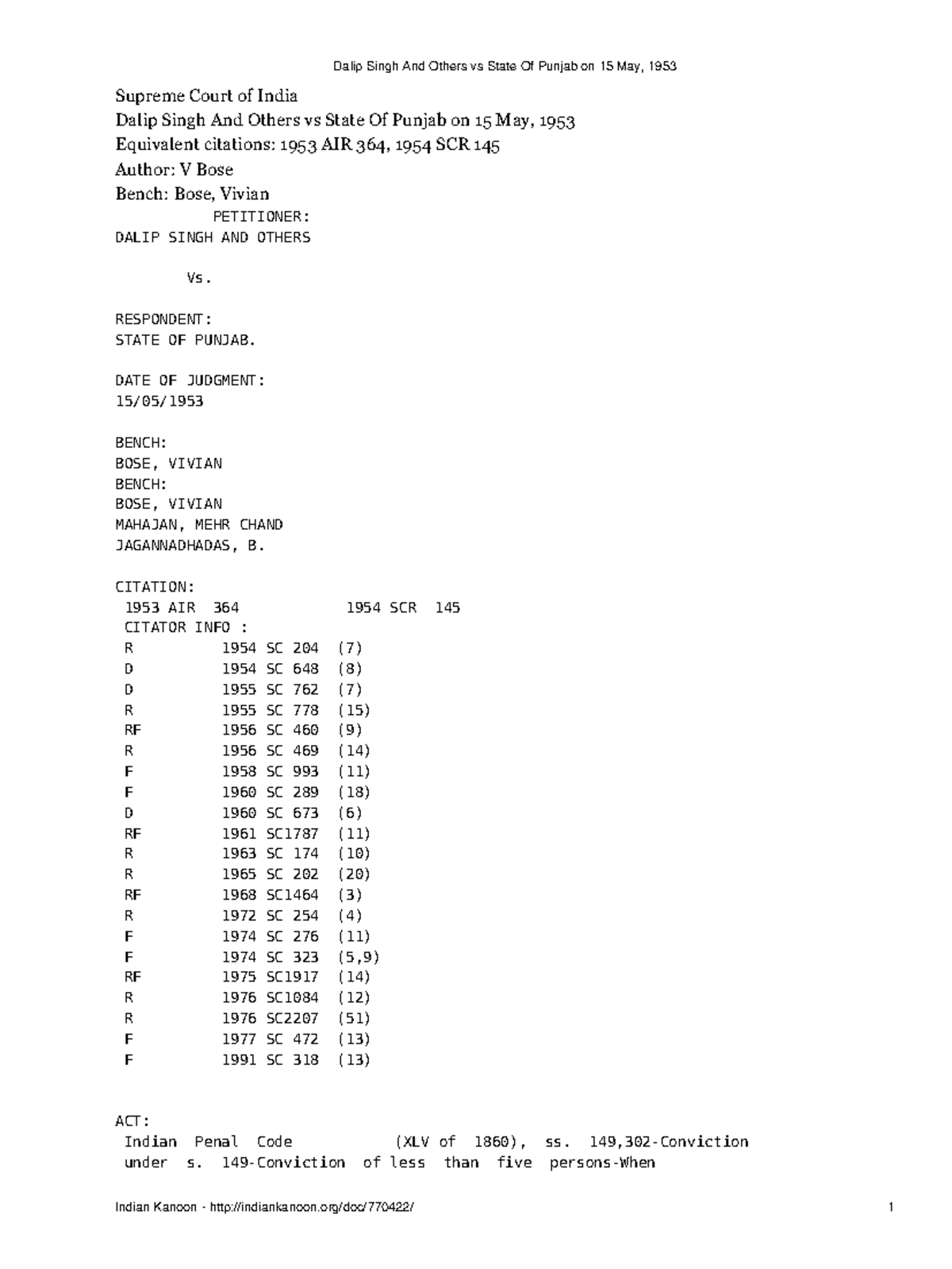 Dalip Singh And Others vs State Of Punjab on 15 May, 1953 - Supreme ...