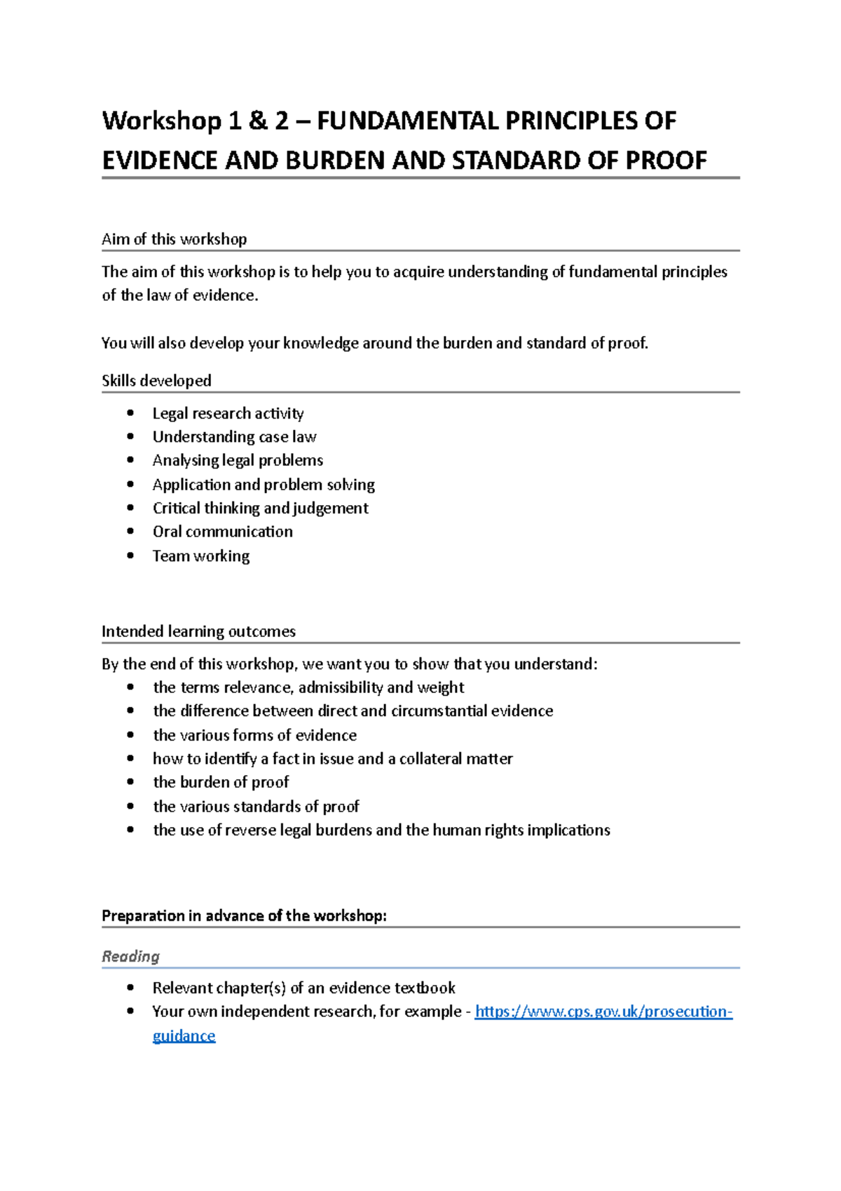 Workshop 1 2- LAW IN Evidence - Workshop 1 & 2 – FUNDAMENTAL PRINCIPLES ...