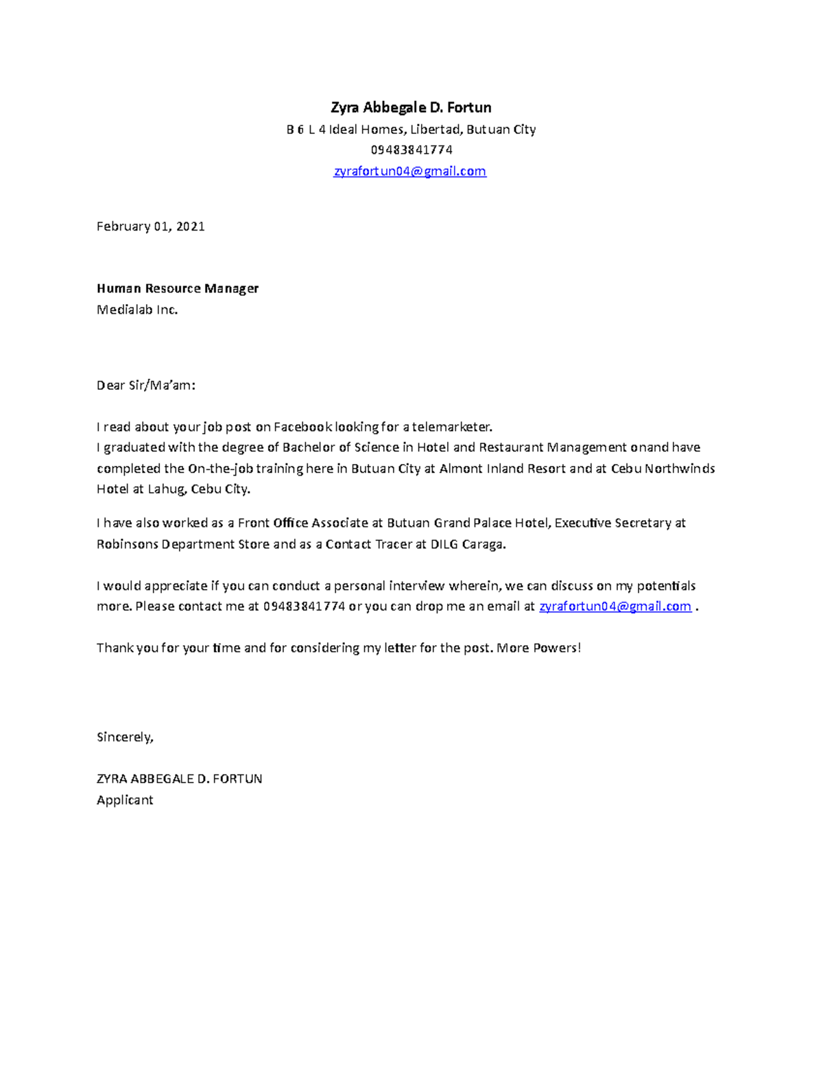 Cover letter - anon - Hotel and Restaurant Mgmt - FSUU - StuDocu