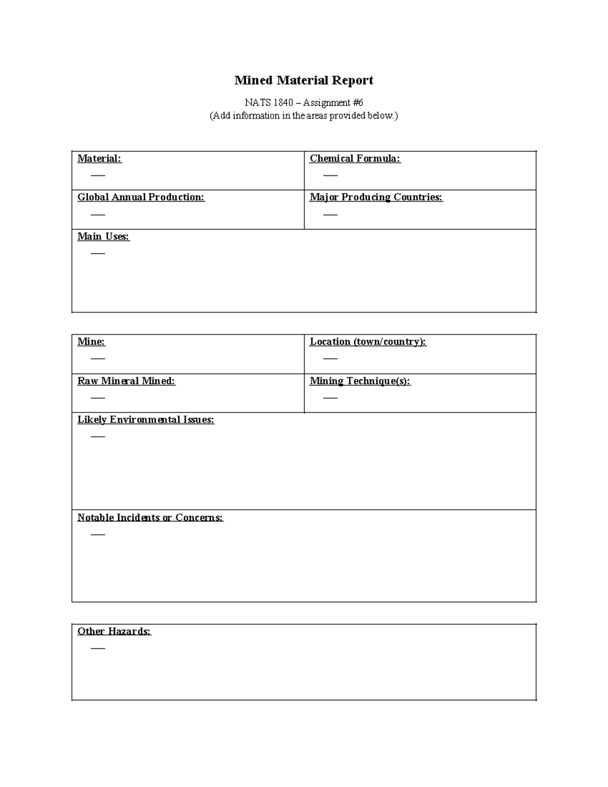 Assn6 Mining Report Template - Mined Material Report NATS 1840 ...